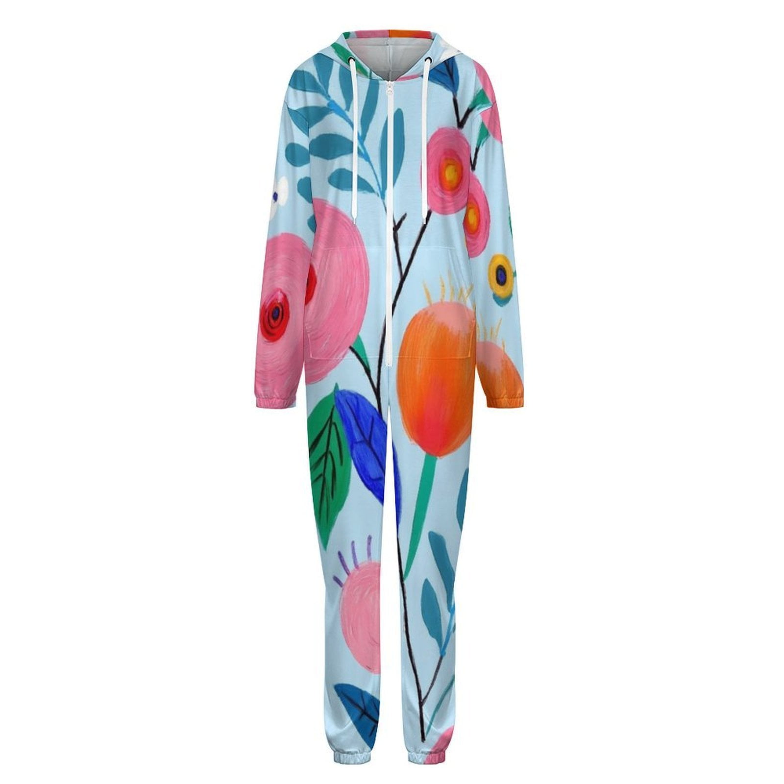 Blue Background Colorful Floral Design Unisex Adult Onesie Pajamas with ...