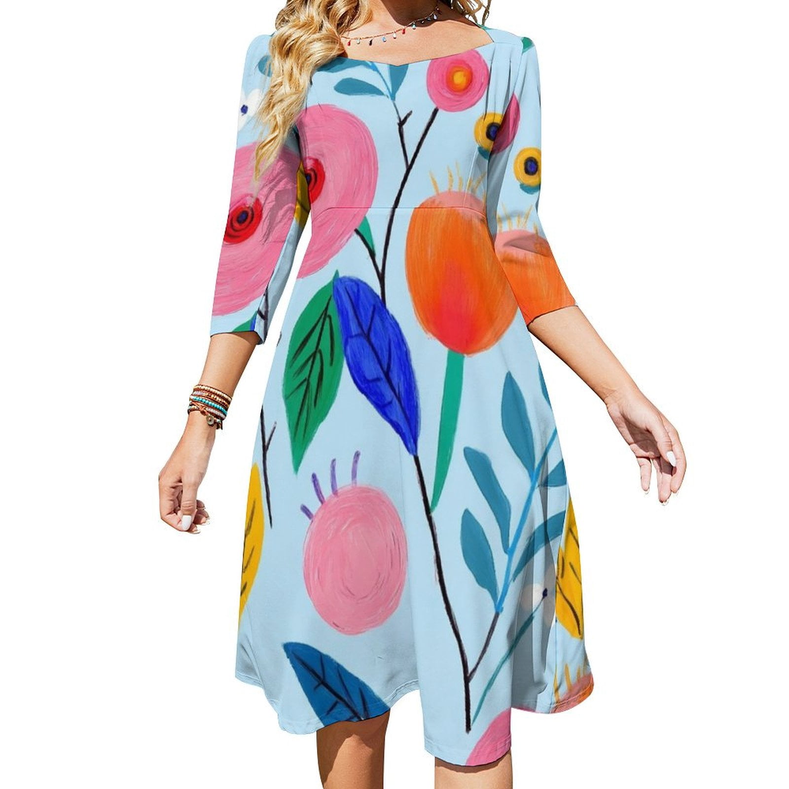 Blue Background Colorful Floral Design Women's 3/4 Sleeve Dresses ...