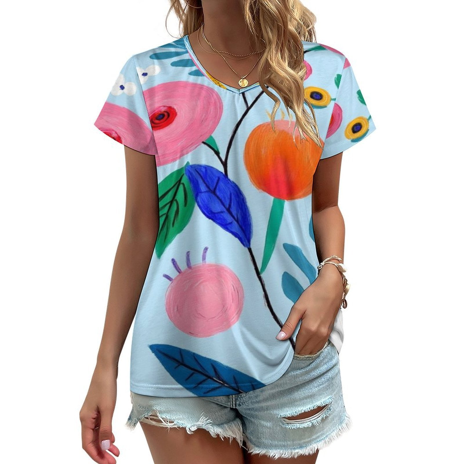 Blue Background Colorful Floral Design Women's Blouse Short Sleeve ...