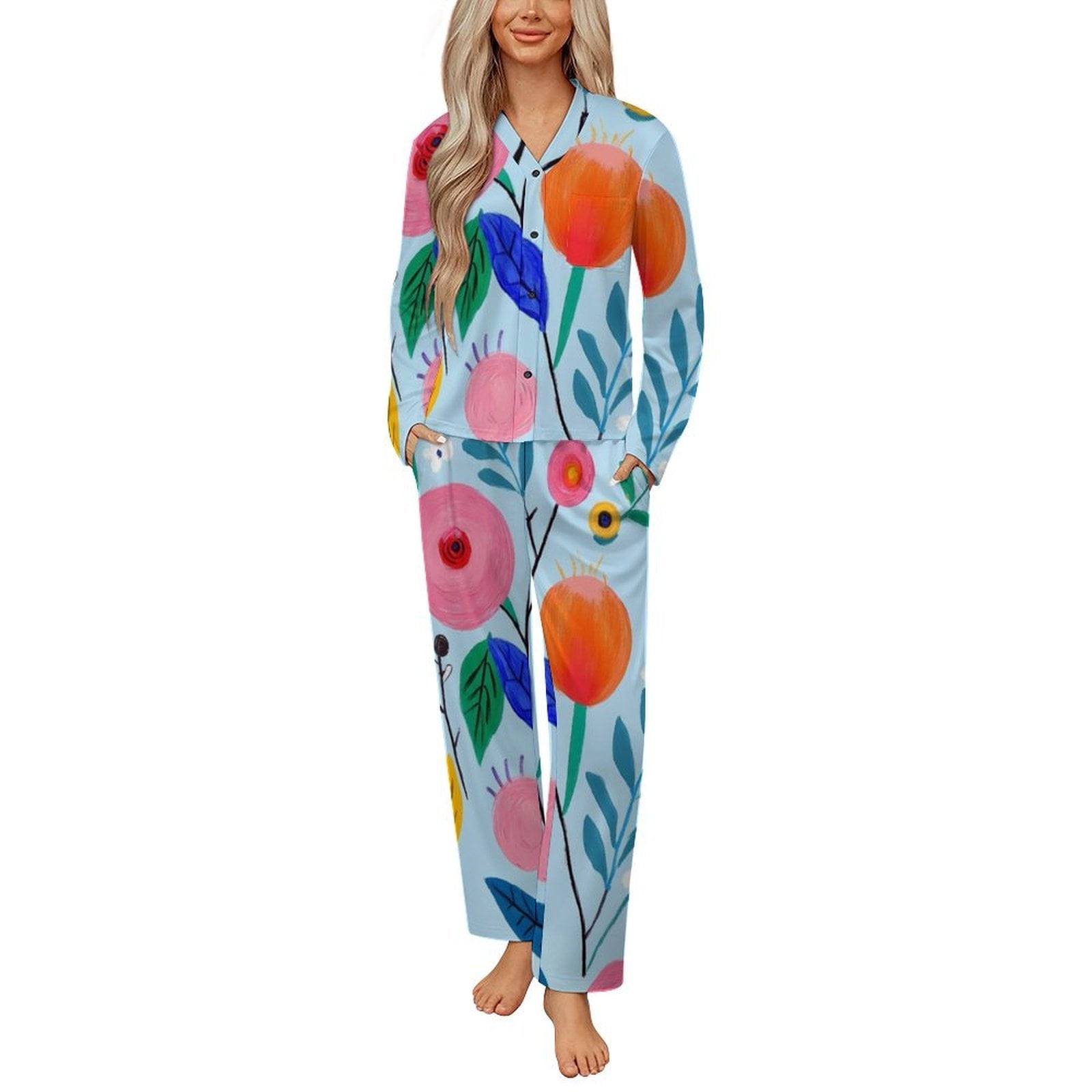 Blue Background Colorful Floral Design Womens Pyjamas Set Button Up ...