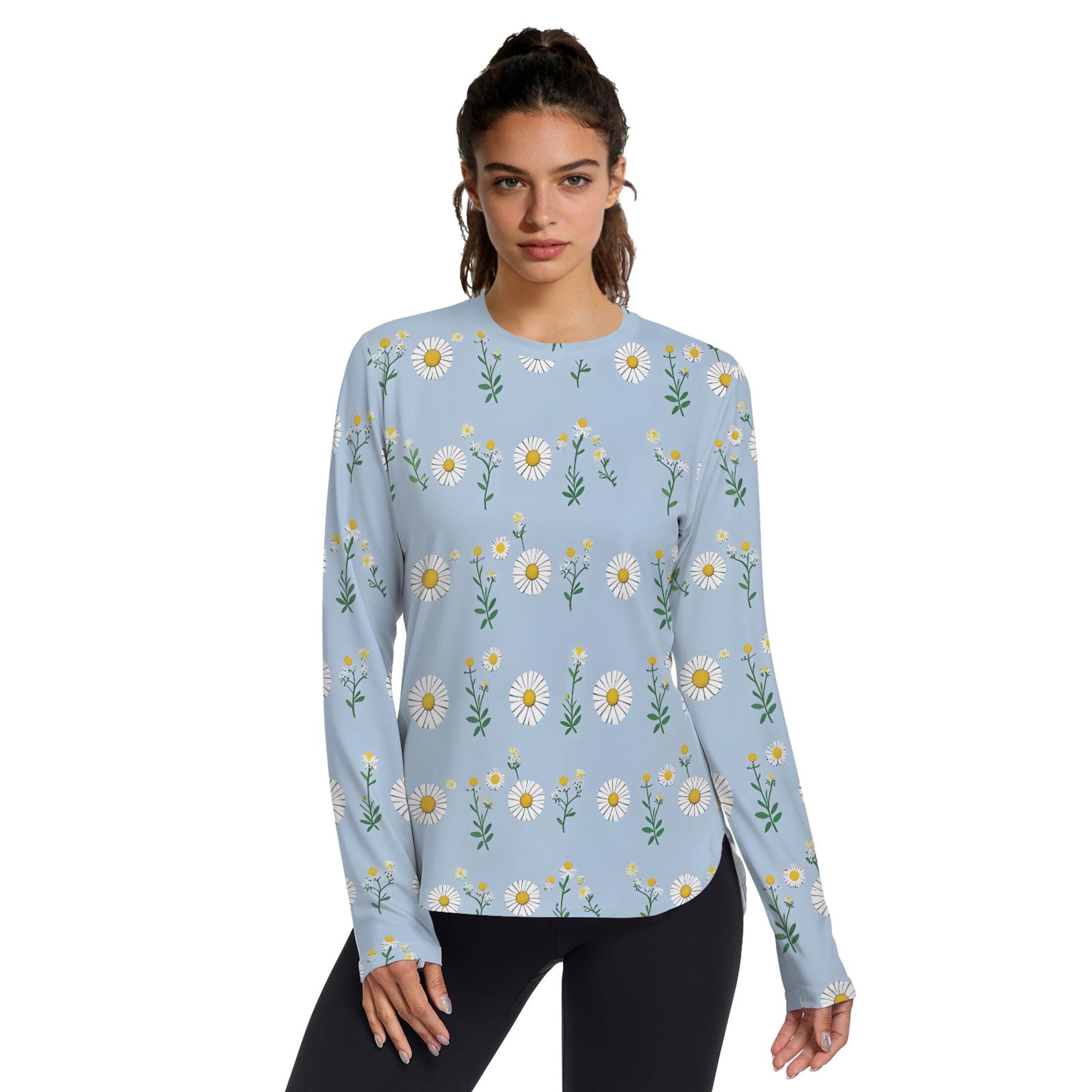 Blue Background Daisy Women UPF 50+ UV Shirts Long Sleeve with Thumb ...