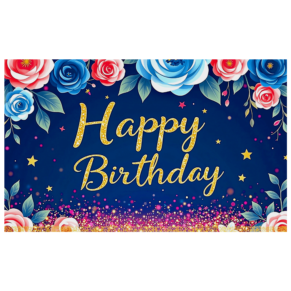 Blue Background Happy Birthday Banner with Colorful Roses and Glittery ...