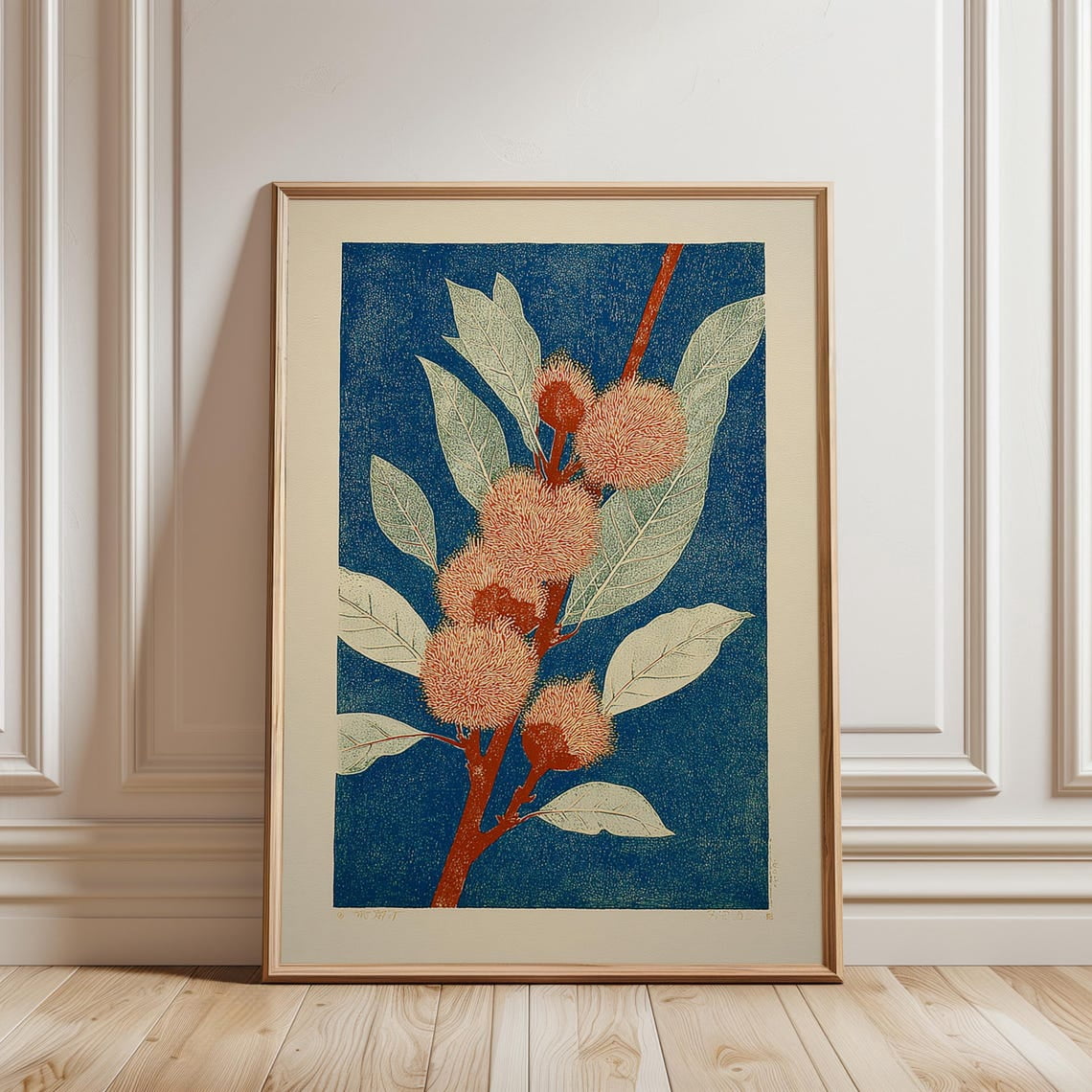 Blue Background Japanese Botanical Peach Leaves Red Branch Art Decor ...