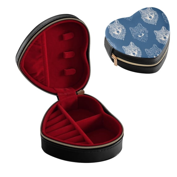 Blue Background Painted Wolf Faces PU Leather Heart-shaped Jewelry Box ...