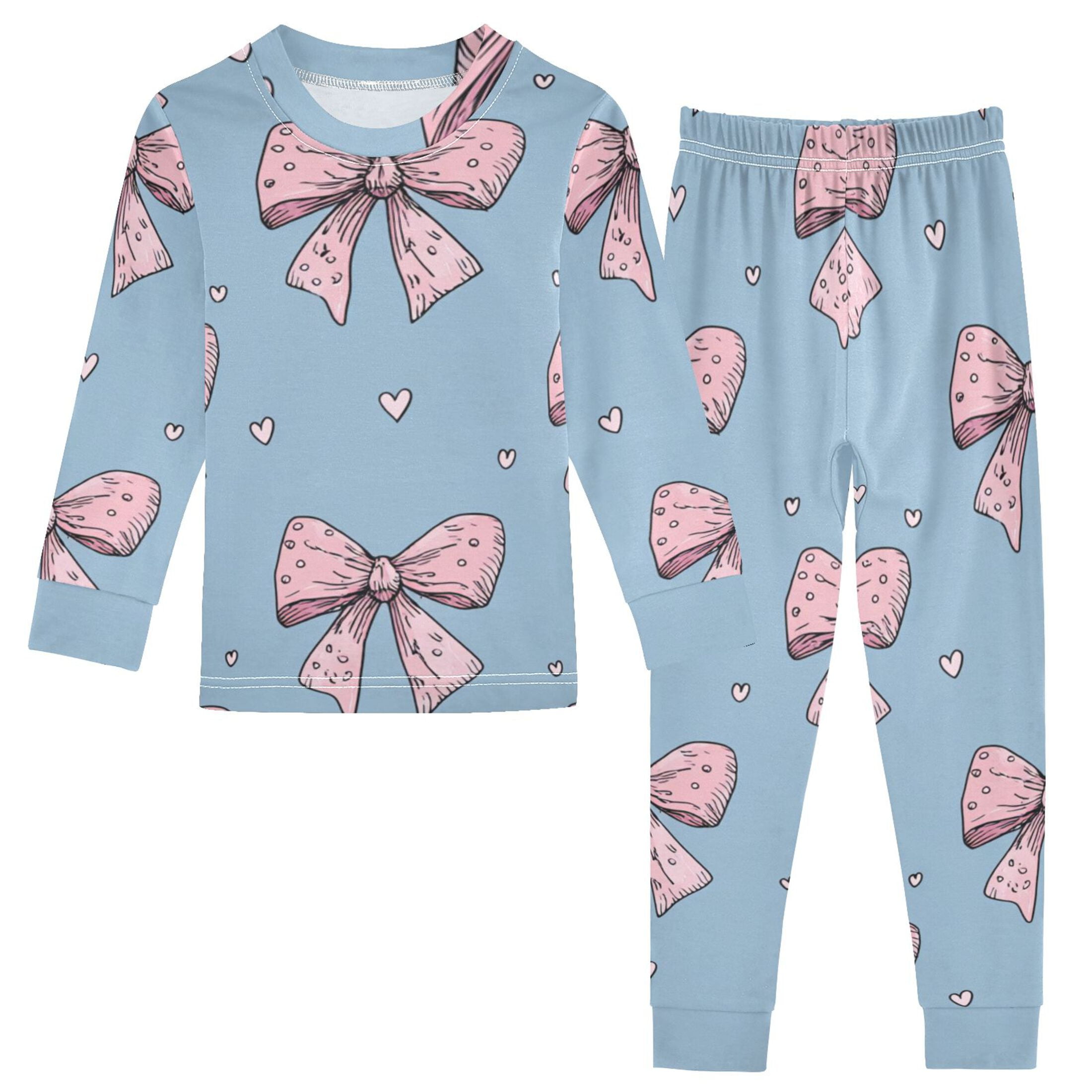 Blue Background Pink Bowknots Valentine Cotton Pajama Set Long Sleeve ...