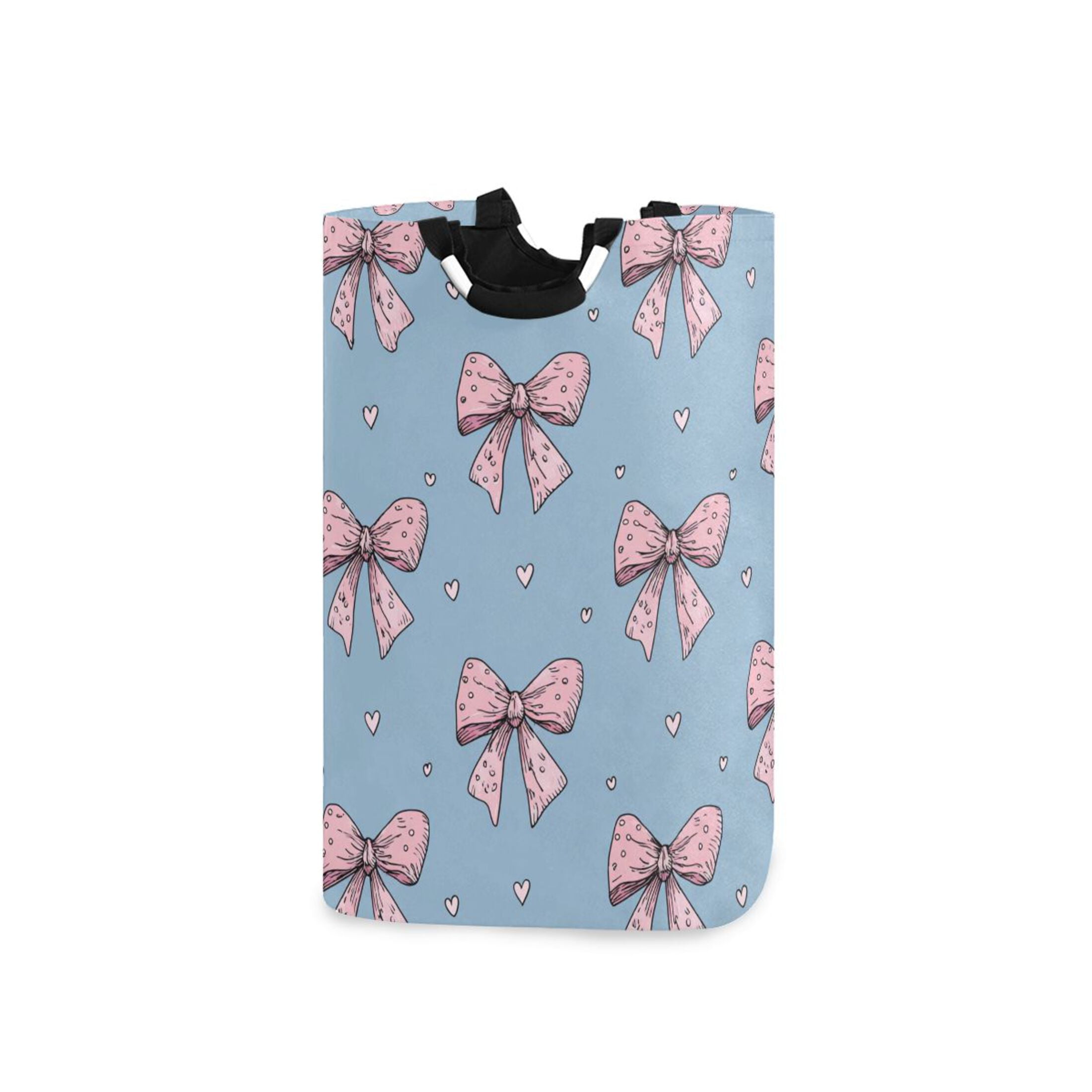 Blue Background Pink Bowknots Valentine Laundry Basket with Handles ...