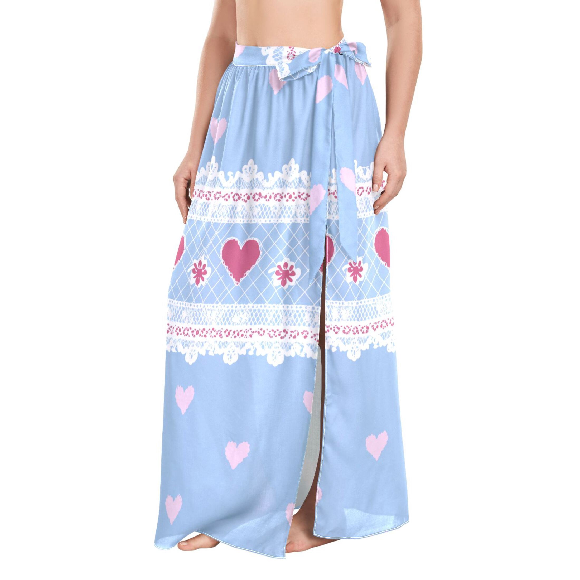 Blue Background Pink Hearts White Lace Valentine Women's Swimwear Cover ...
