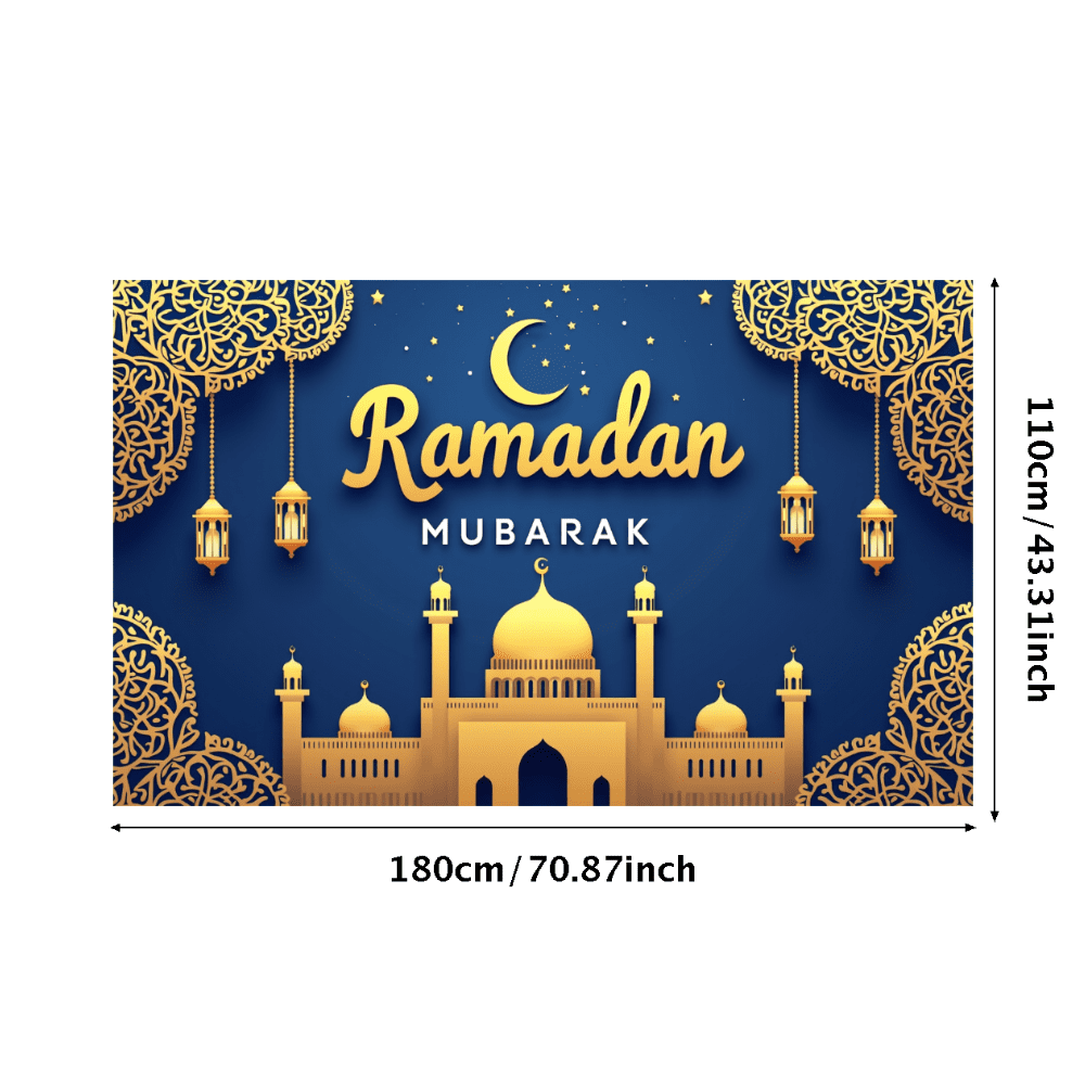 Blue Background Ramadan Themed Banner with Golden Mosque Lanterns ...