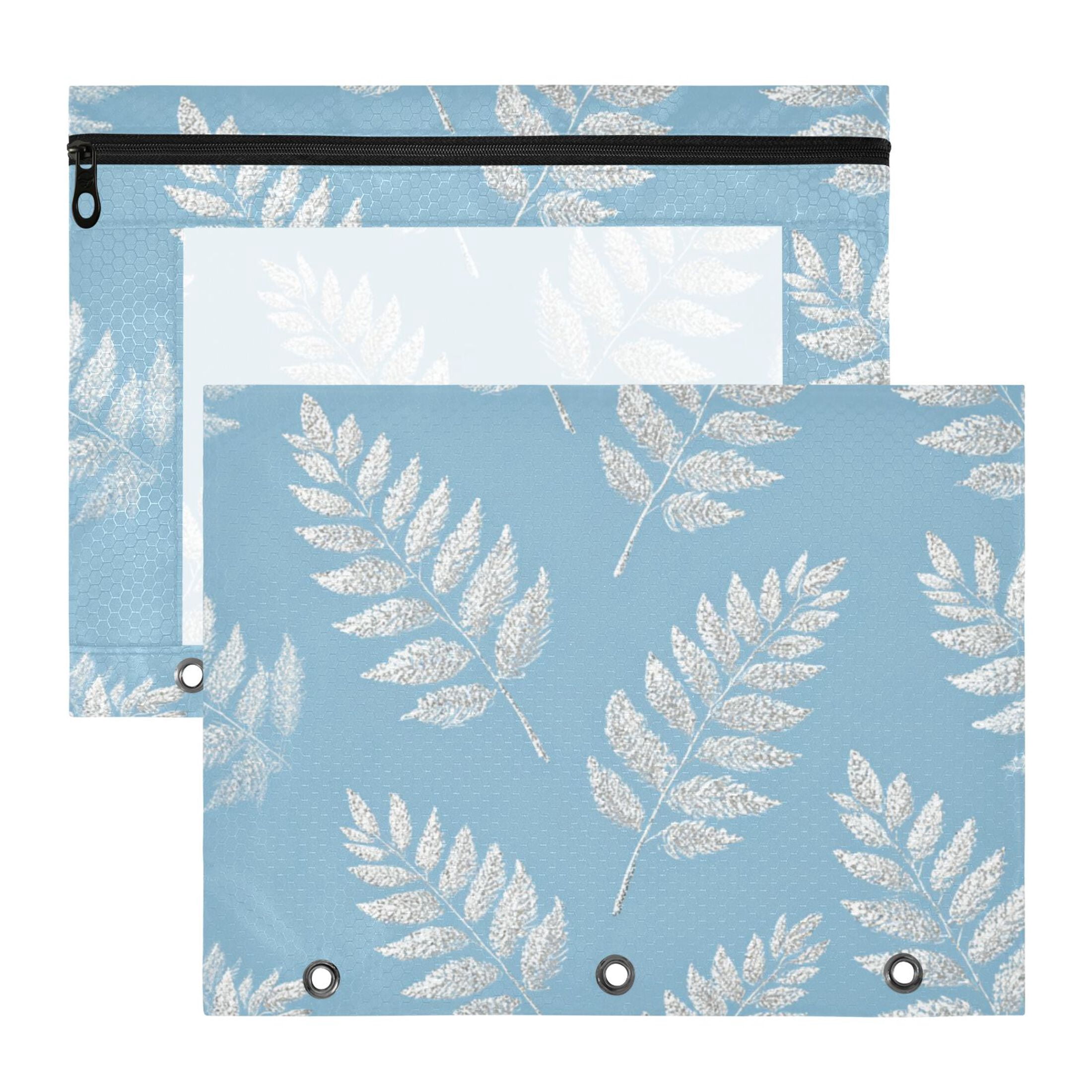 Blue Background Silver Fern Leaves 3-Ring Binder Pocket with Zipper ...