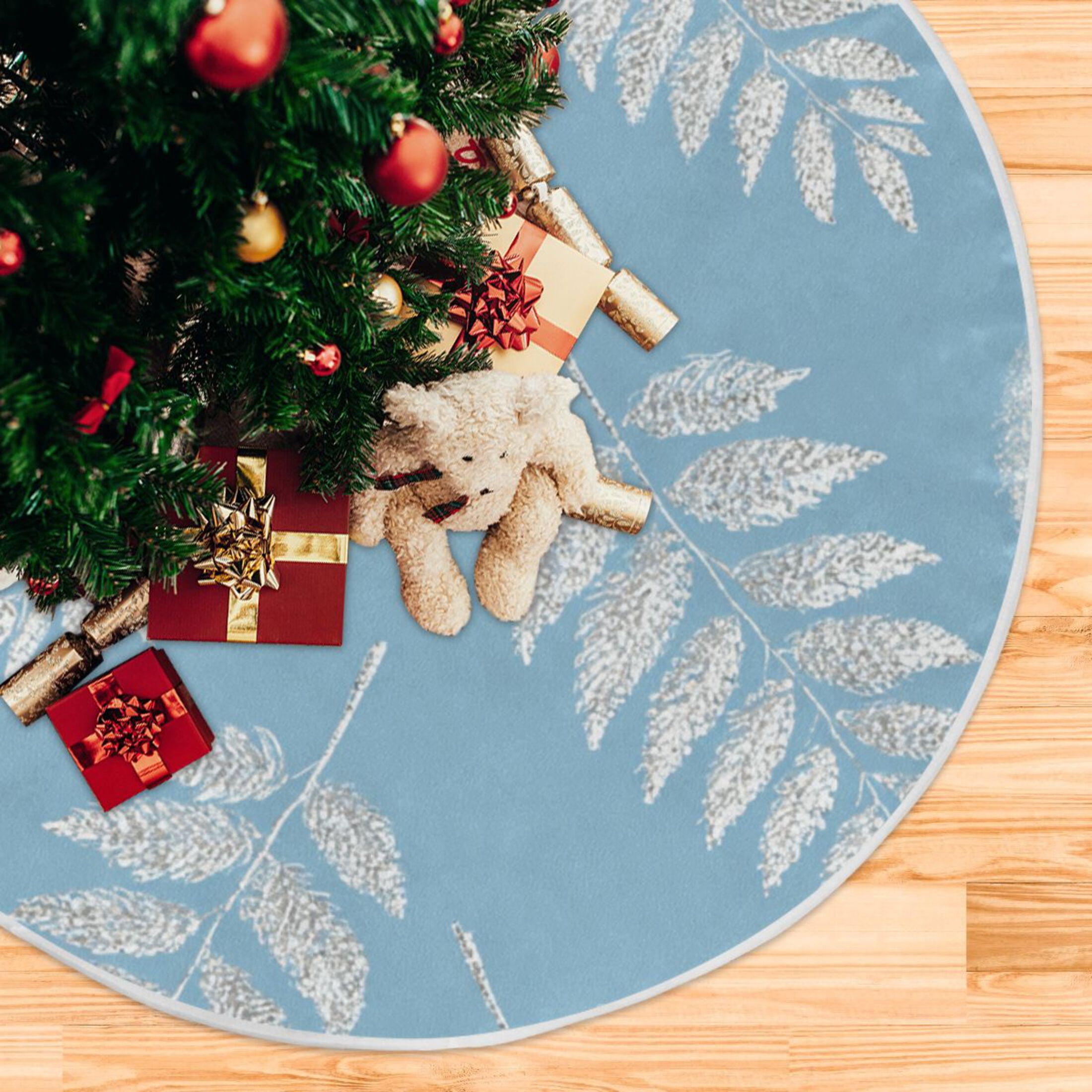 Blue Background Silver Fern Leaves Christmas Tree Skirt Opening Design ...
