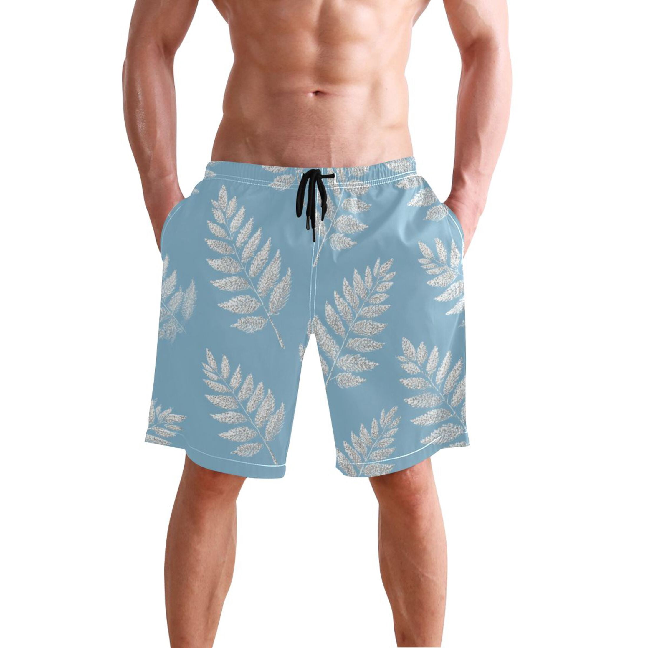 Blue Background Silver Fern Leaves Men's Swim Trunks Beach Shorts ...