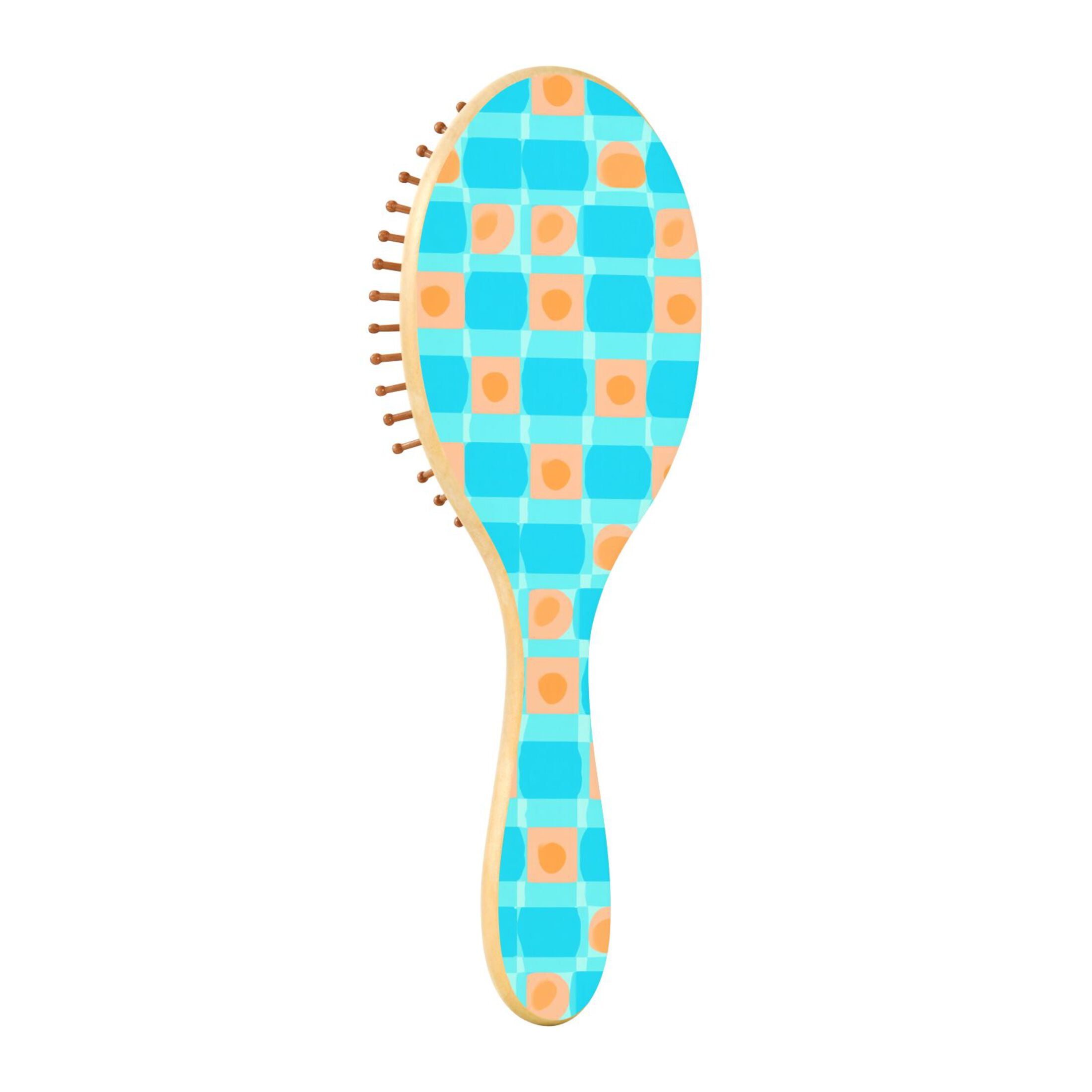 Blue Background Squares Pattern Natural Wooden Hair Brush with Cushion ...