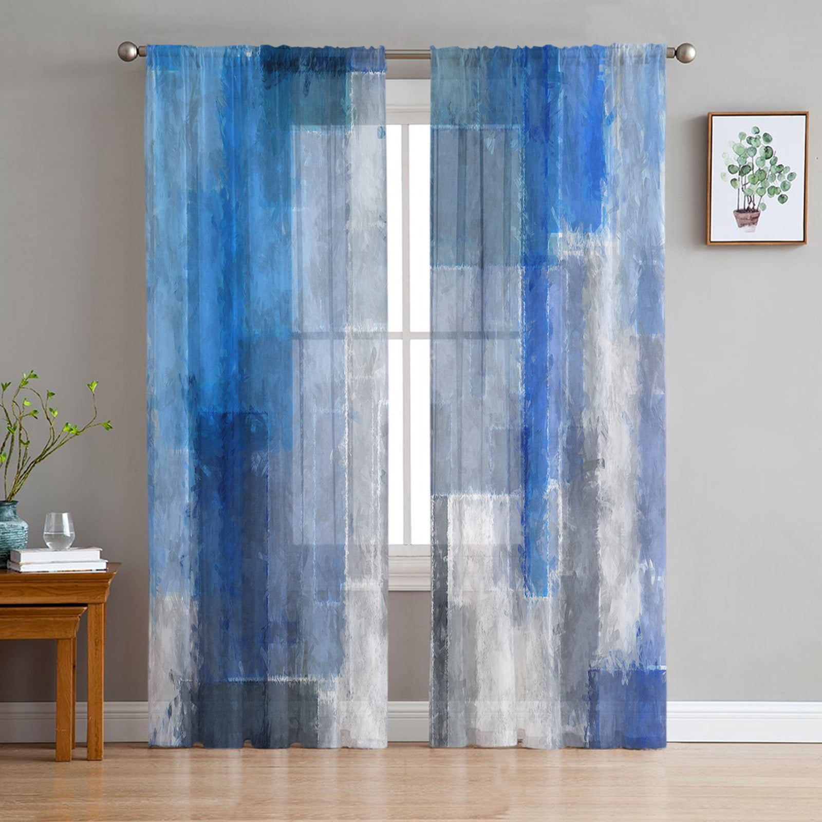 Blue Background Stripes Tulle Curtains for Living Room Bedroom Sheer ...