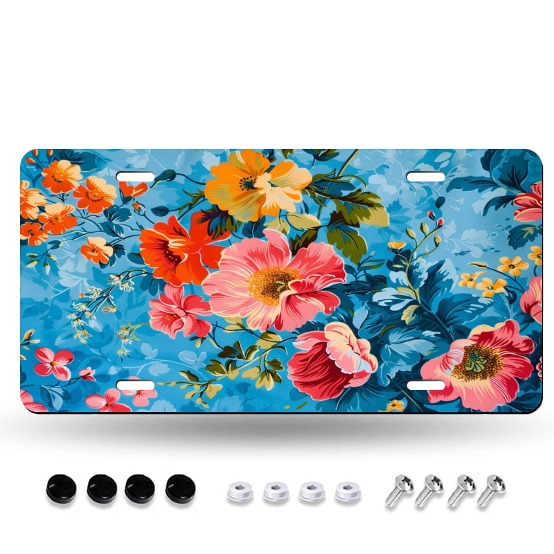 Blue Background with a Flourish of Flowers License Plate Frame ...