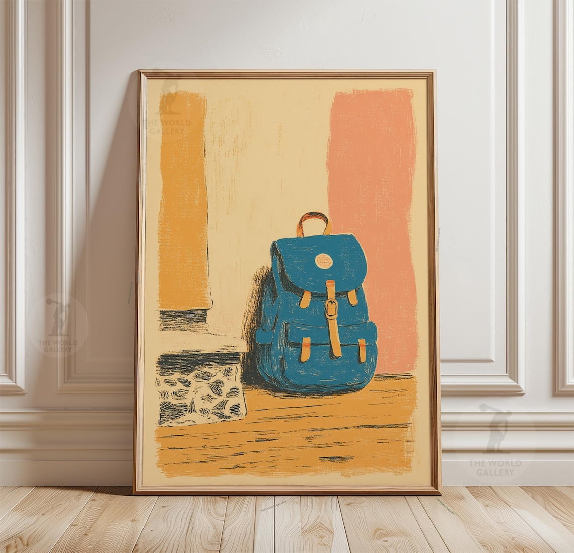 Blue Backpack Illustration Linocut Style Earth Tone Paper Poster ...