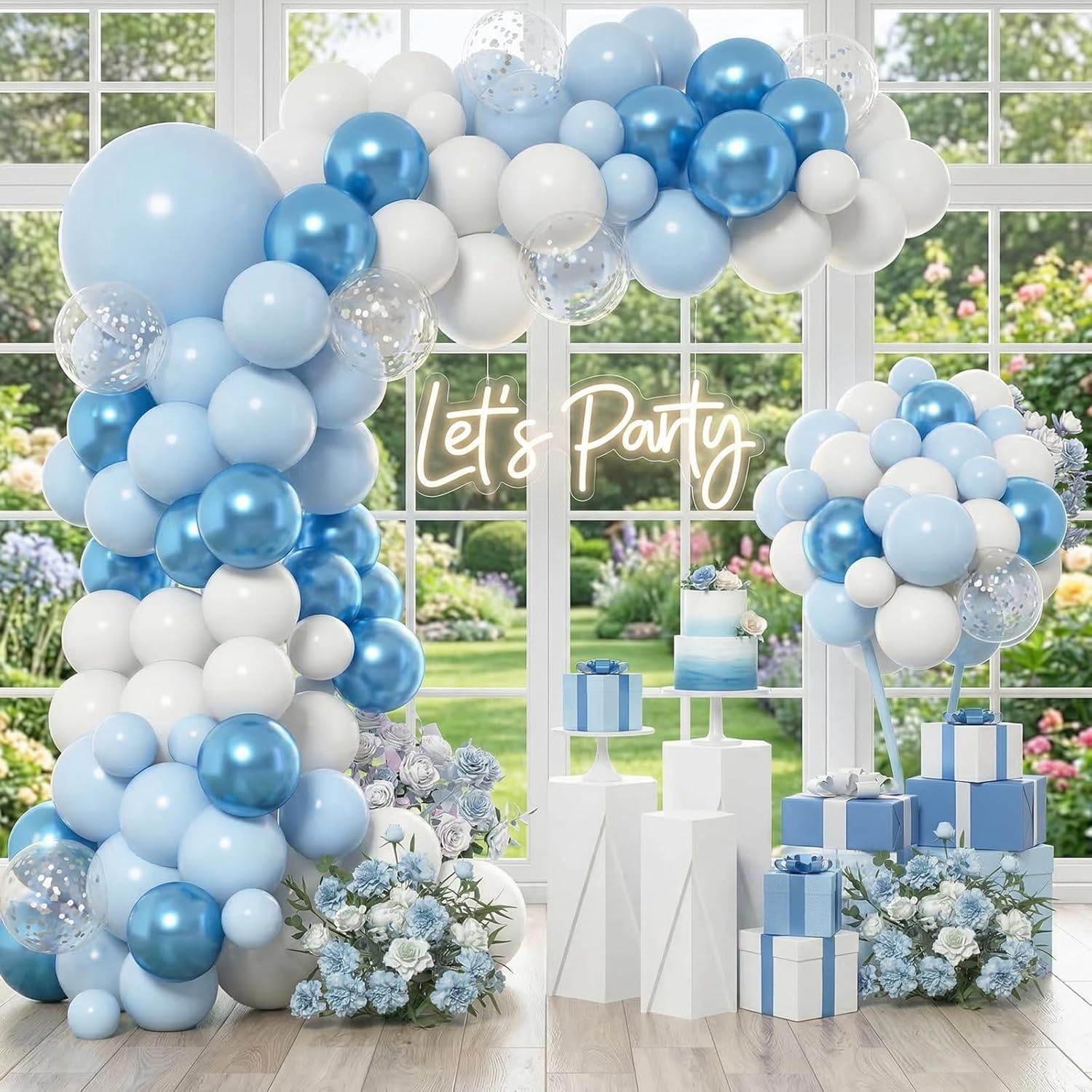 Blue Balloon Arch Kit Garland with White Silver Confetti Balloons for ...