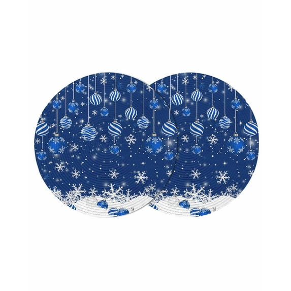 Blue Balls Christmas Round Table Placemats set of 2, Xmas White Winter ...