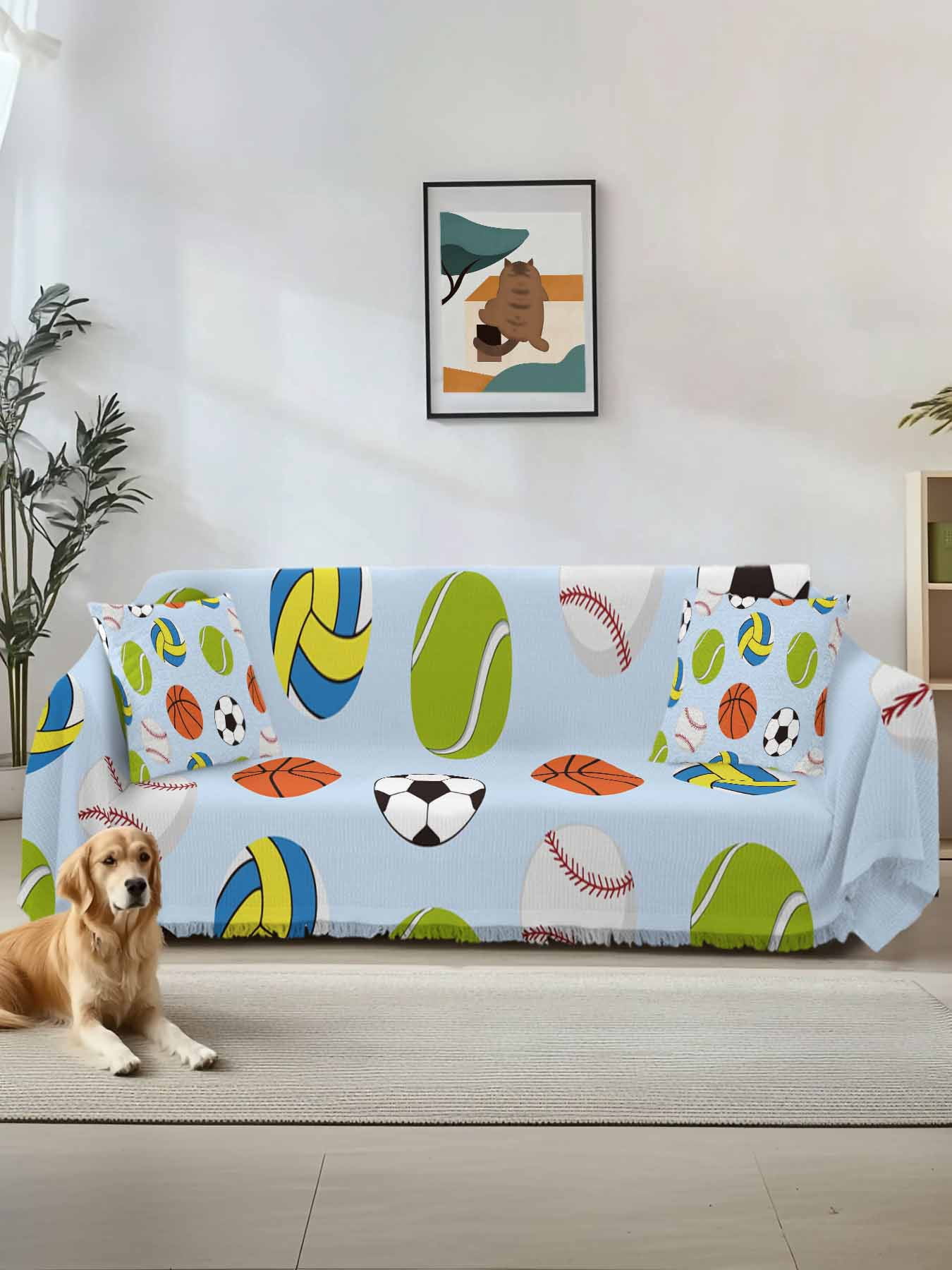 Blue Balls Couch Cover for 2 Cushion Sofa, Baseball Tennis Basketball ...