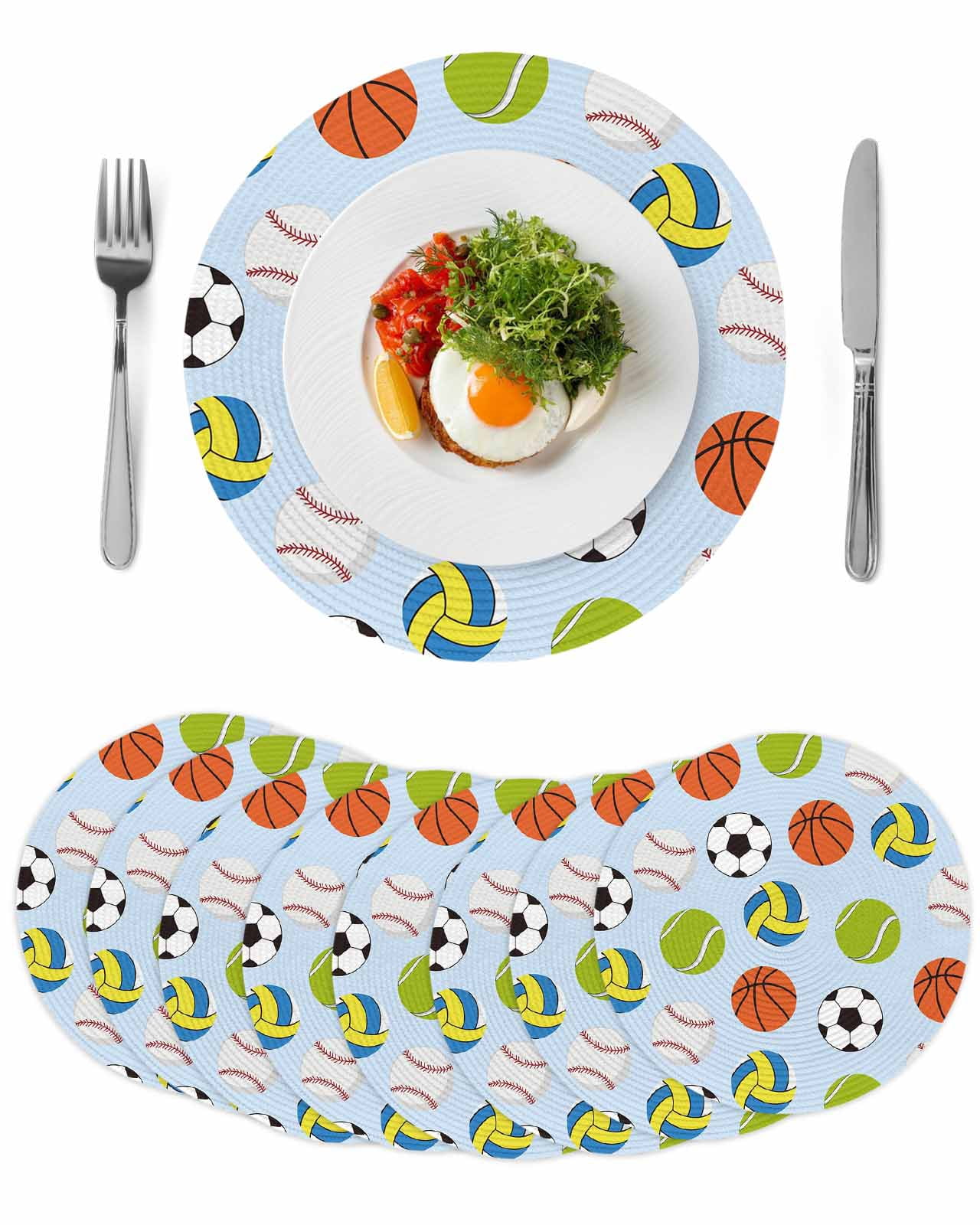 Blue Balls Round 15 Inch Placemats Set of 8, Baseball Tennis Basketball ...