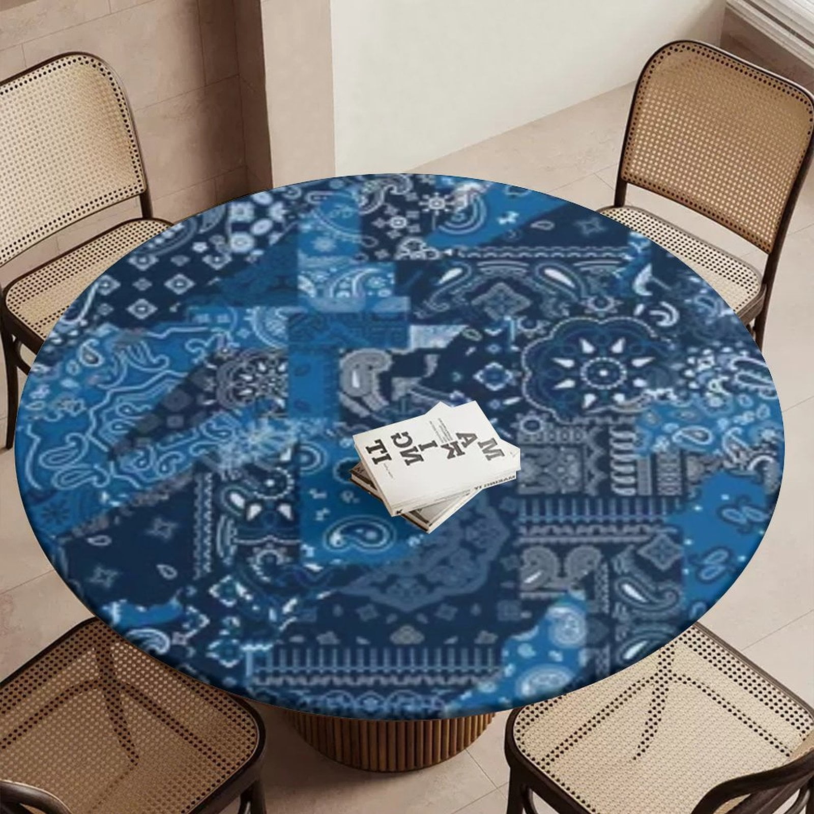 Blue Bandana Kerchief Paisley Round Table Cover Kitchen Printed ...