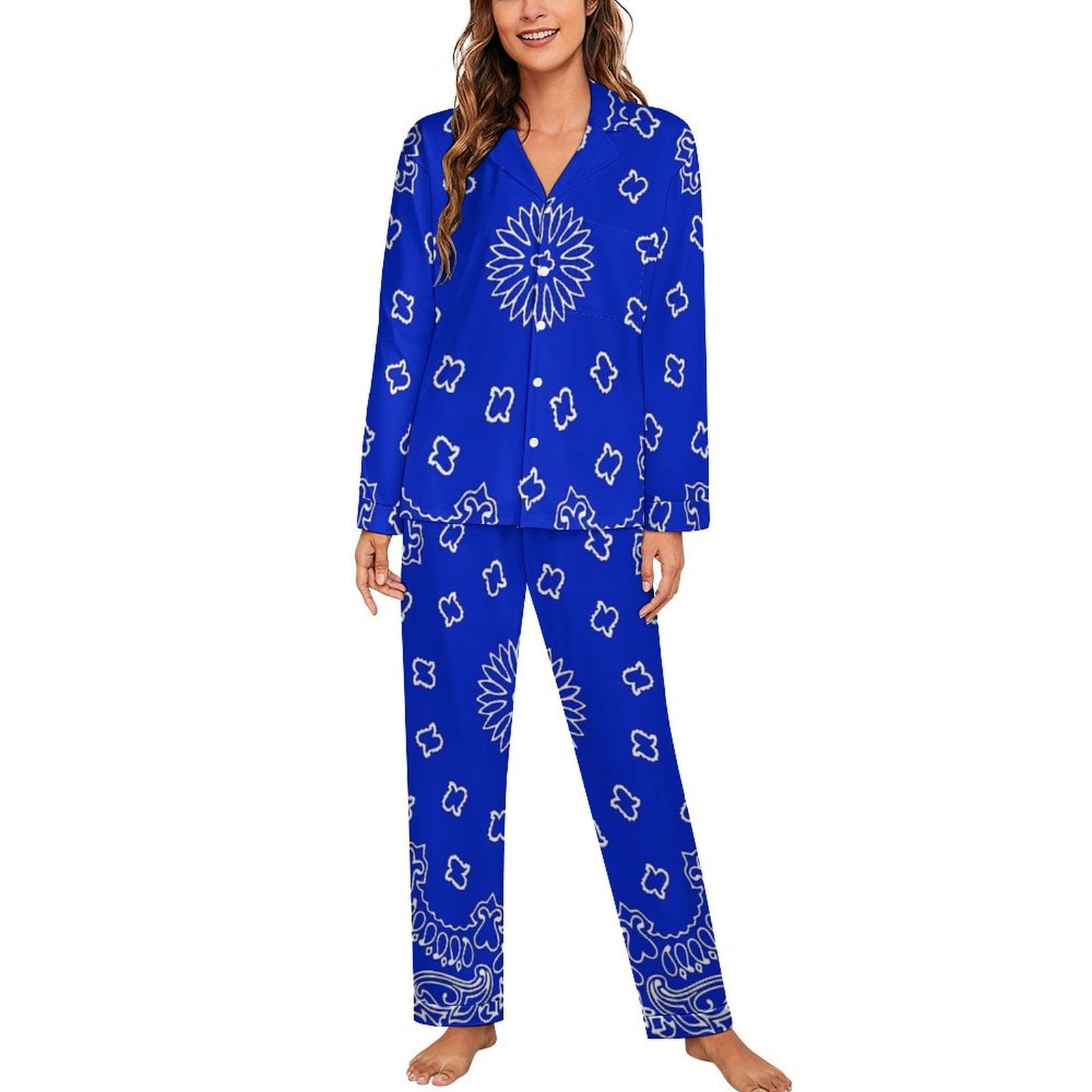 Blue Bandana Paisley Design White Pajamas Night V Neck Nightwear Lady ...