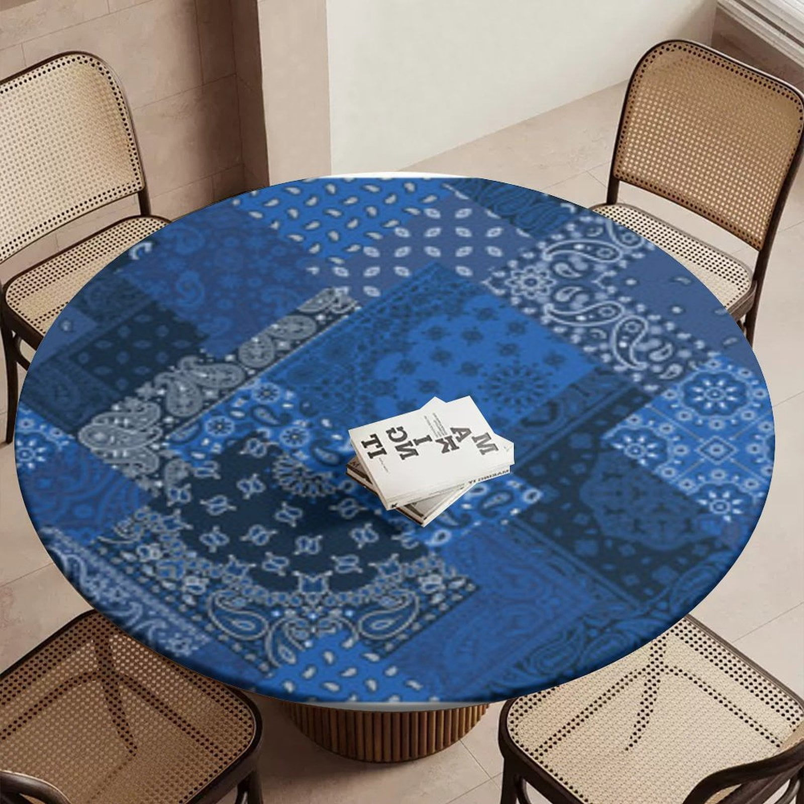 Blue Bandana Paisley Round Table Cover Kitchen Printed Waterproof ...