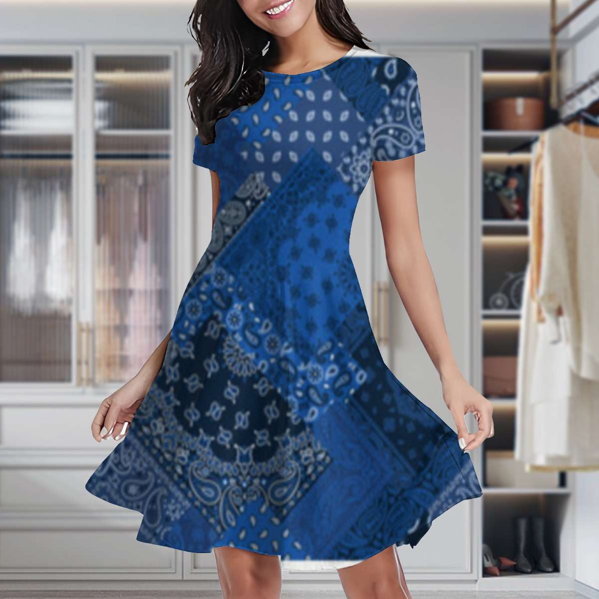 Blue Bandana Paisley Women's Classic Swing Skater Dress Casual Work ...
