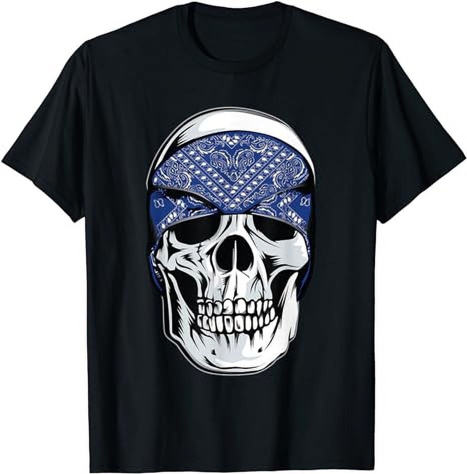 Blue Bandana Skull Gangster OG Biker Graphic Skull Face Tee T-Shirt ...