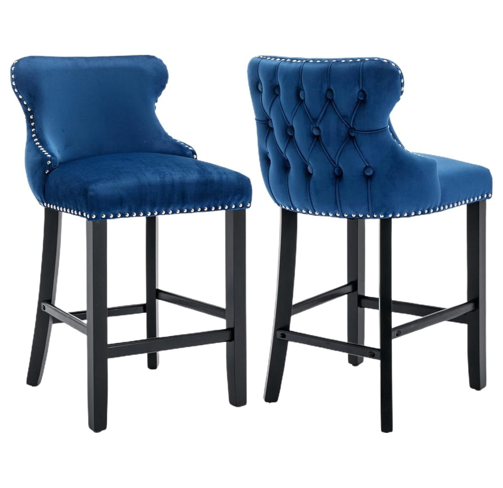 Blue Bar Stools Set of 2, Modern Velvet Upholstered Counter Height Bar ...