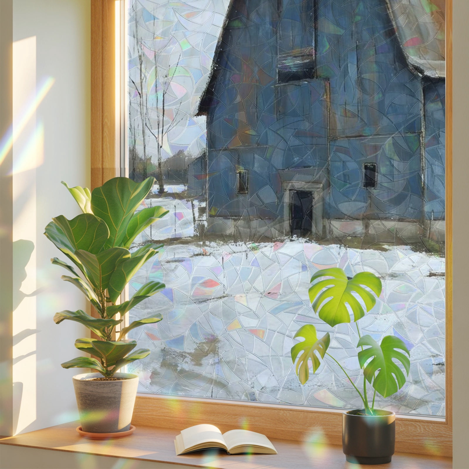 Blue Barn Window Privacy Film, Vintage Winter Snowscape Rustic Farm ...
