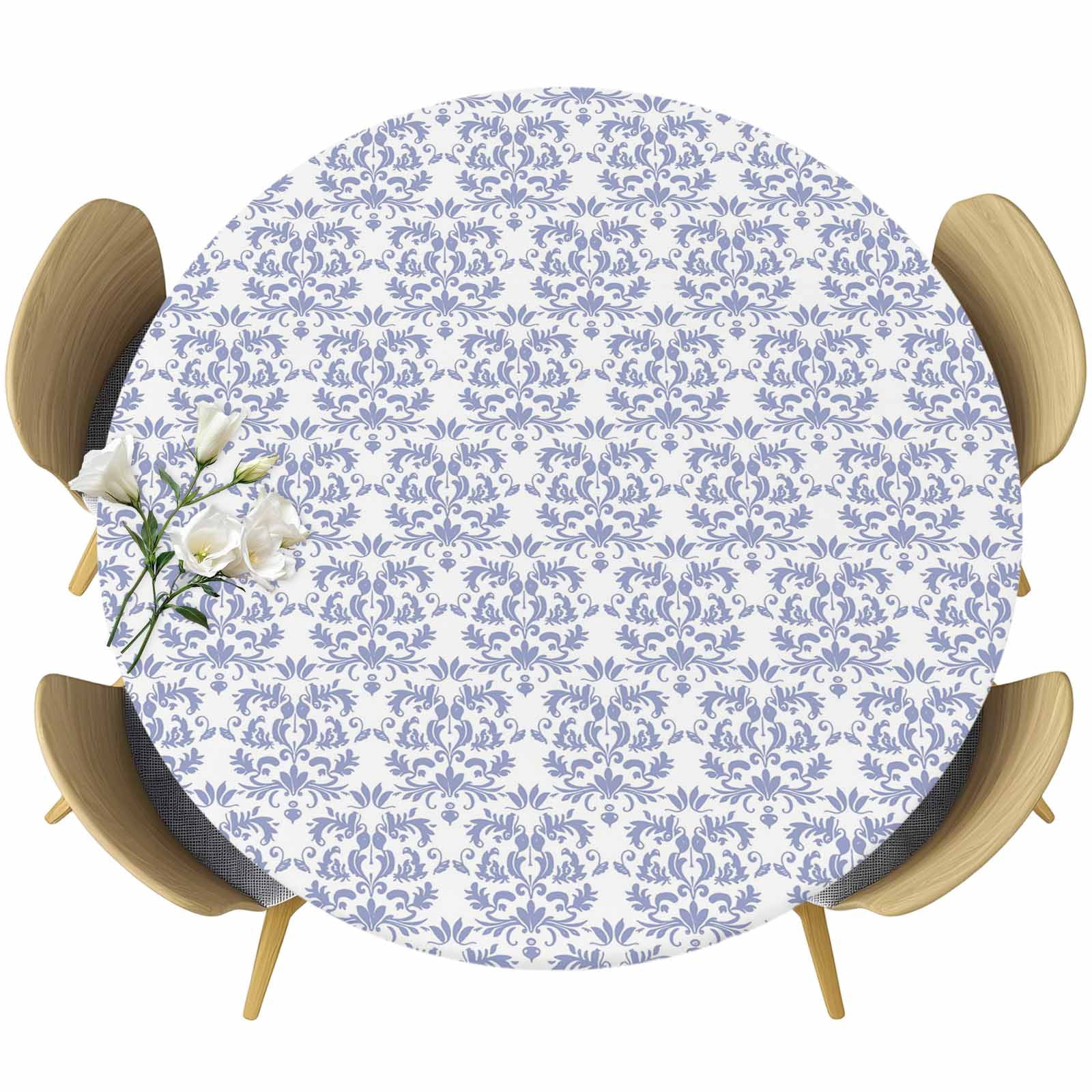 Blue Baroque Round Tablecloth, Fitted Table Cover with Elastic for 36 ...