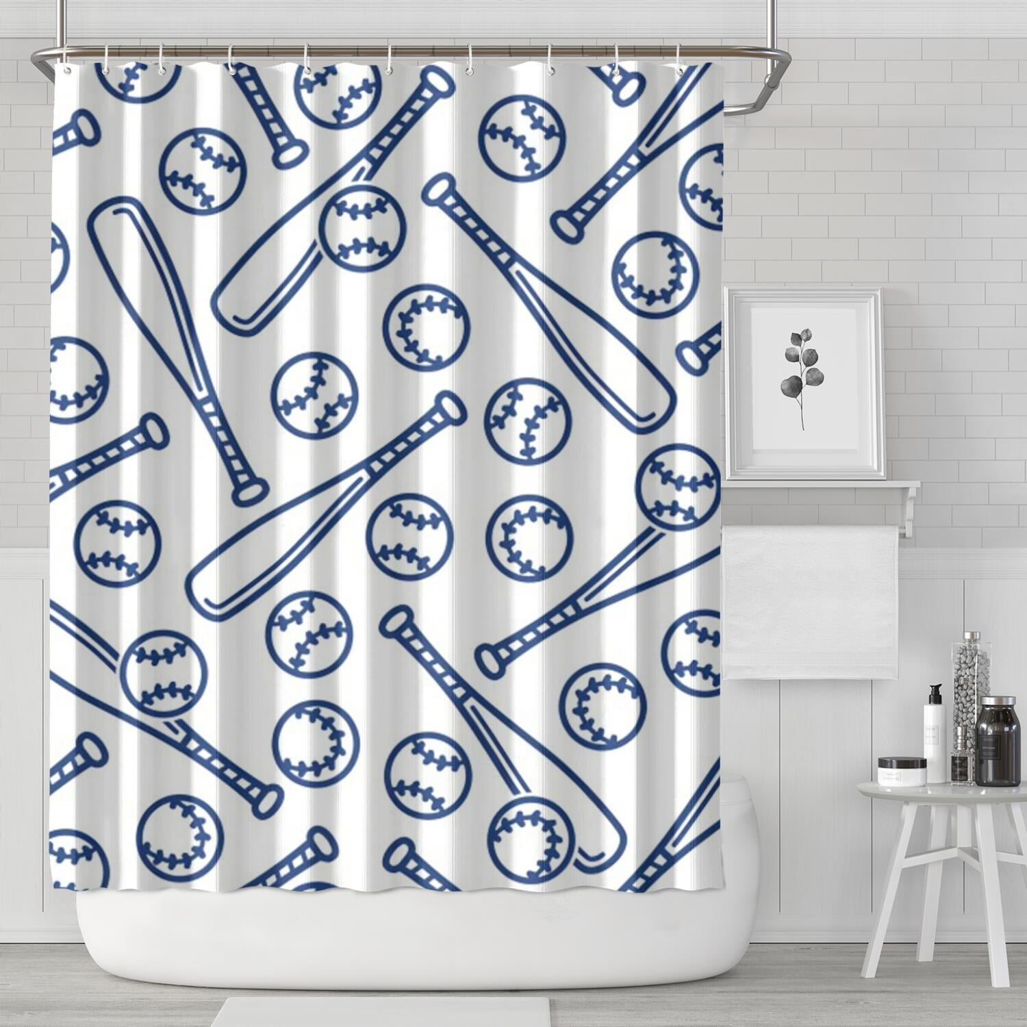 Blue Baseball Bats and Balls Pattern Shower Curtain 84"x72" ,Bathroom ...