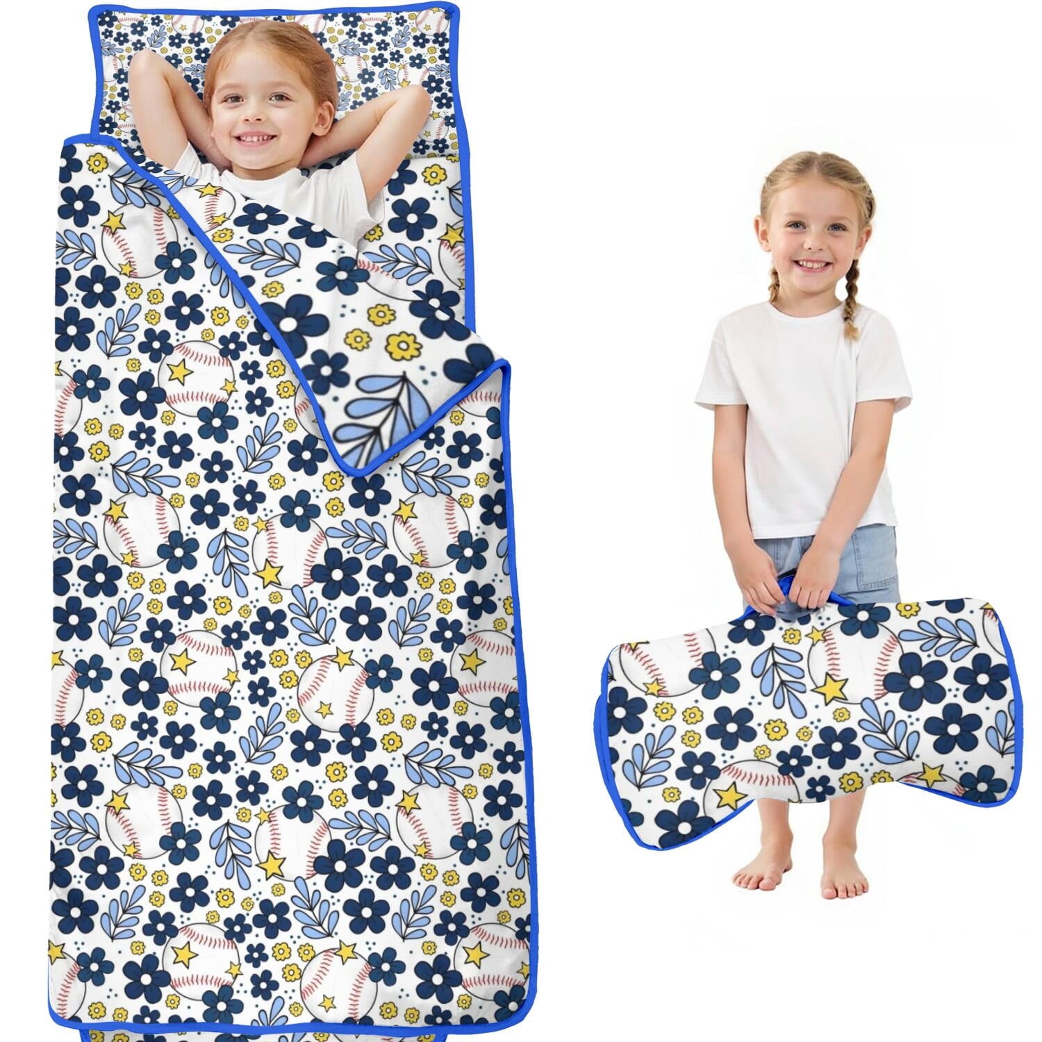 Blue Baseballs with Yellow Flowers Pattern Toddler Nap Mats for Kids ...