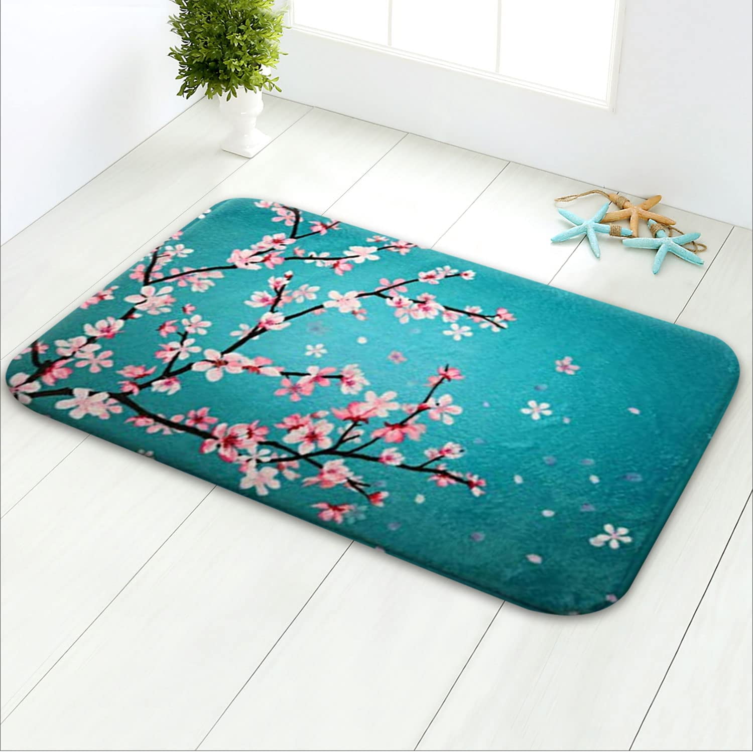 Blue Bath Mat, Flower Bath Mat, Floral Bathroom Rugs, Flower Bath Rugs ...
