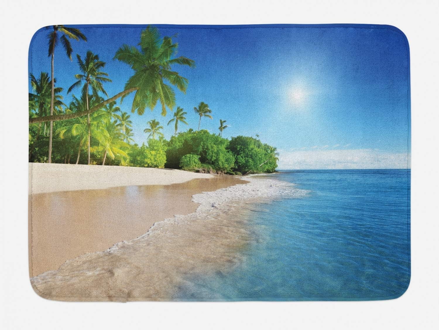Blue Bath Mat, Ocean Tropical Palm Trees on Sunny Island Beach Scene ...