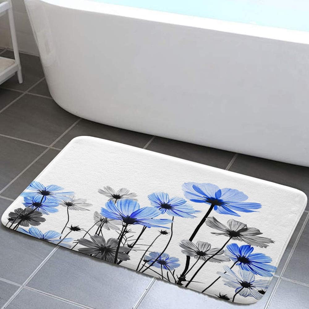 Blue Bath Rugs, Rustic Elegant Floral Blue and Gray Daisy Flower Bath ...
