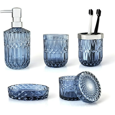 4-Piece Decorative Glass Bathroom Accessory Set | Embossed Blue Heavy ...