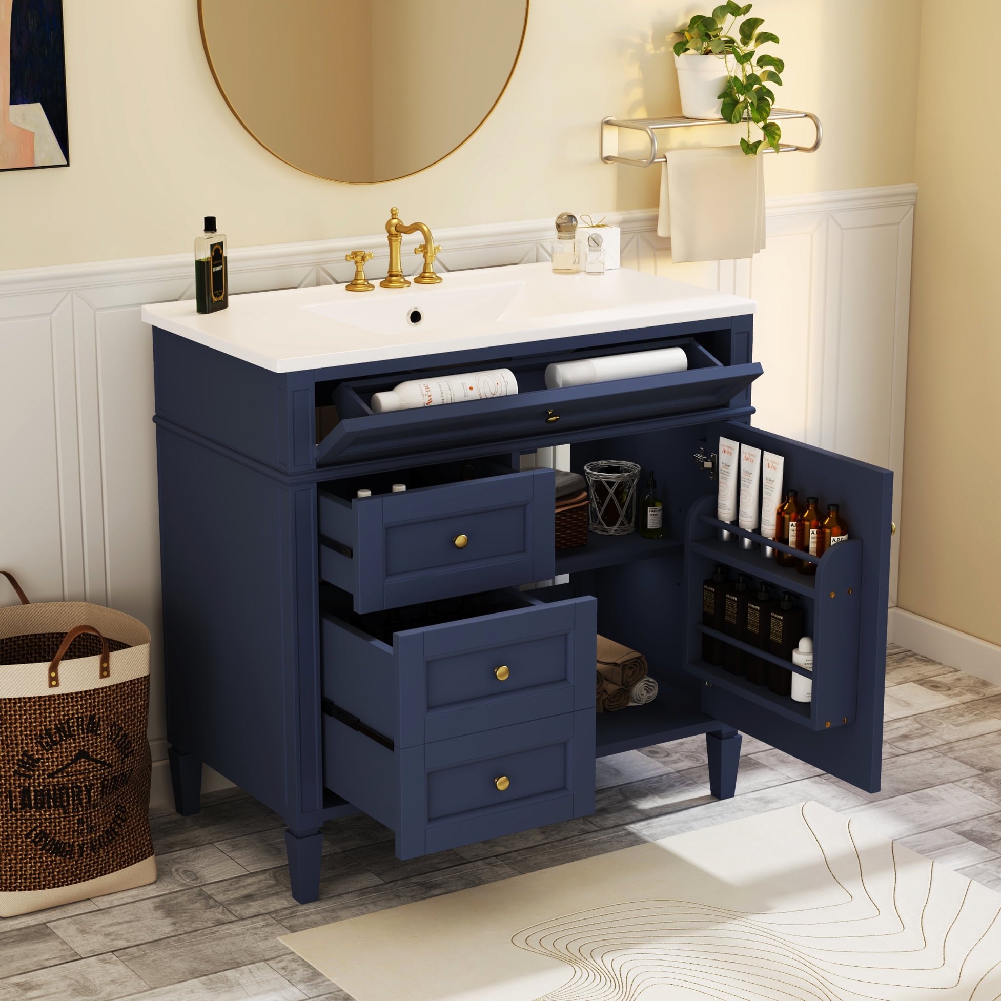 Blue Bathroom Cabinet With Ceramic Sink, 36'' Vanity 2 Drawers And ...