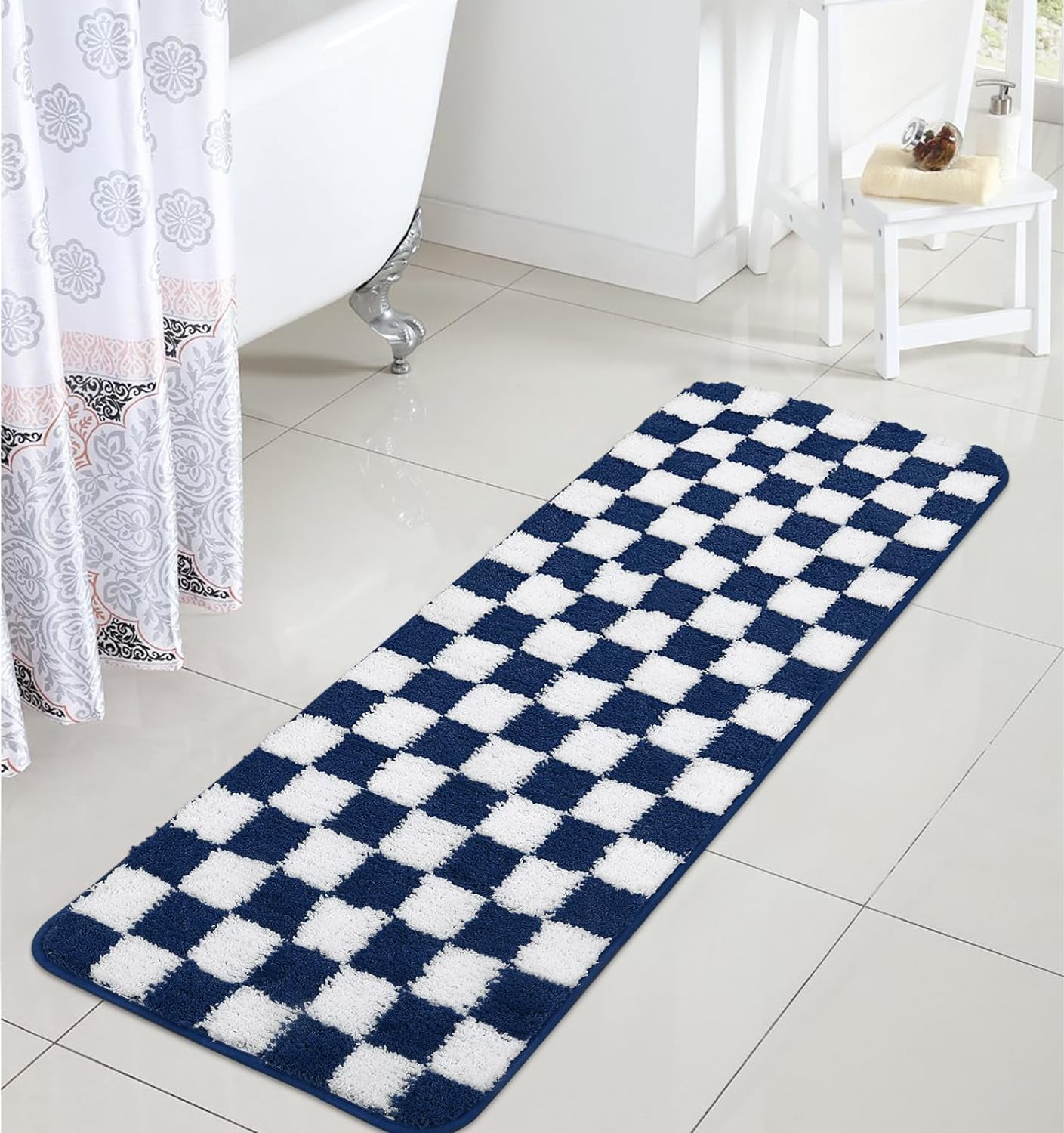 Blue Bathroom Rug Runner, Modern Plaid Checkered Bath Mat for Tub, Non ...