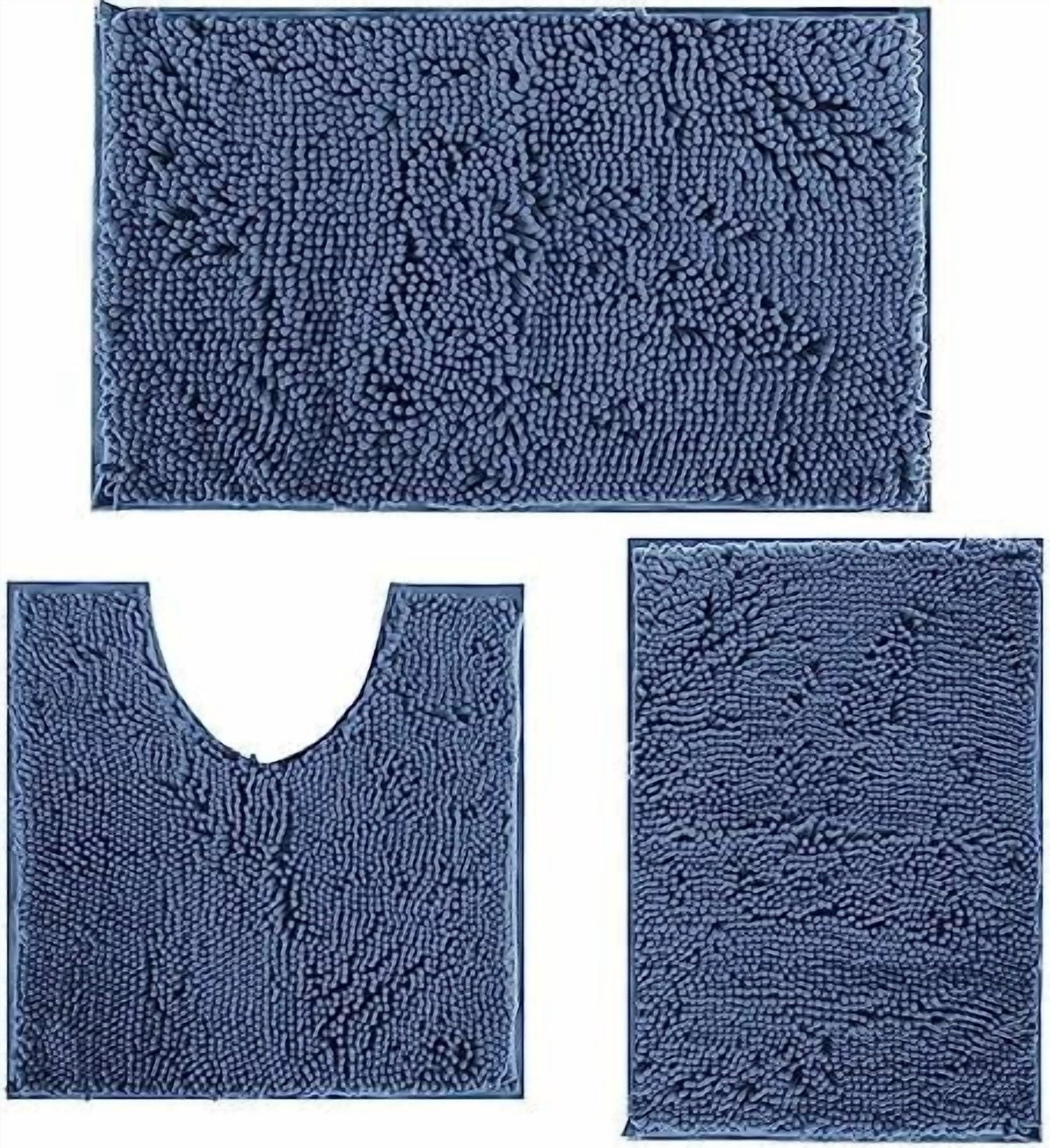 Blue Bathroom Rugs Chenille Bath Mats Set 3 Piece Extra Soft and ...
