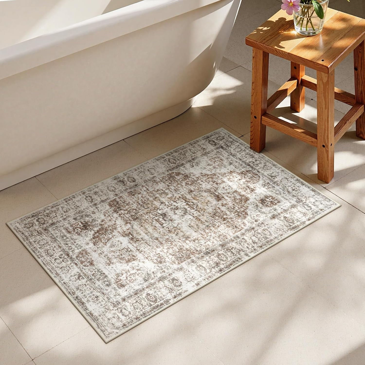 Blue Bathroom Rugs, Distressed Farmhouse Boho Bath Mat, Comfy Velvet ...