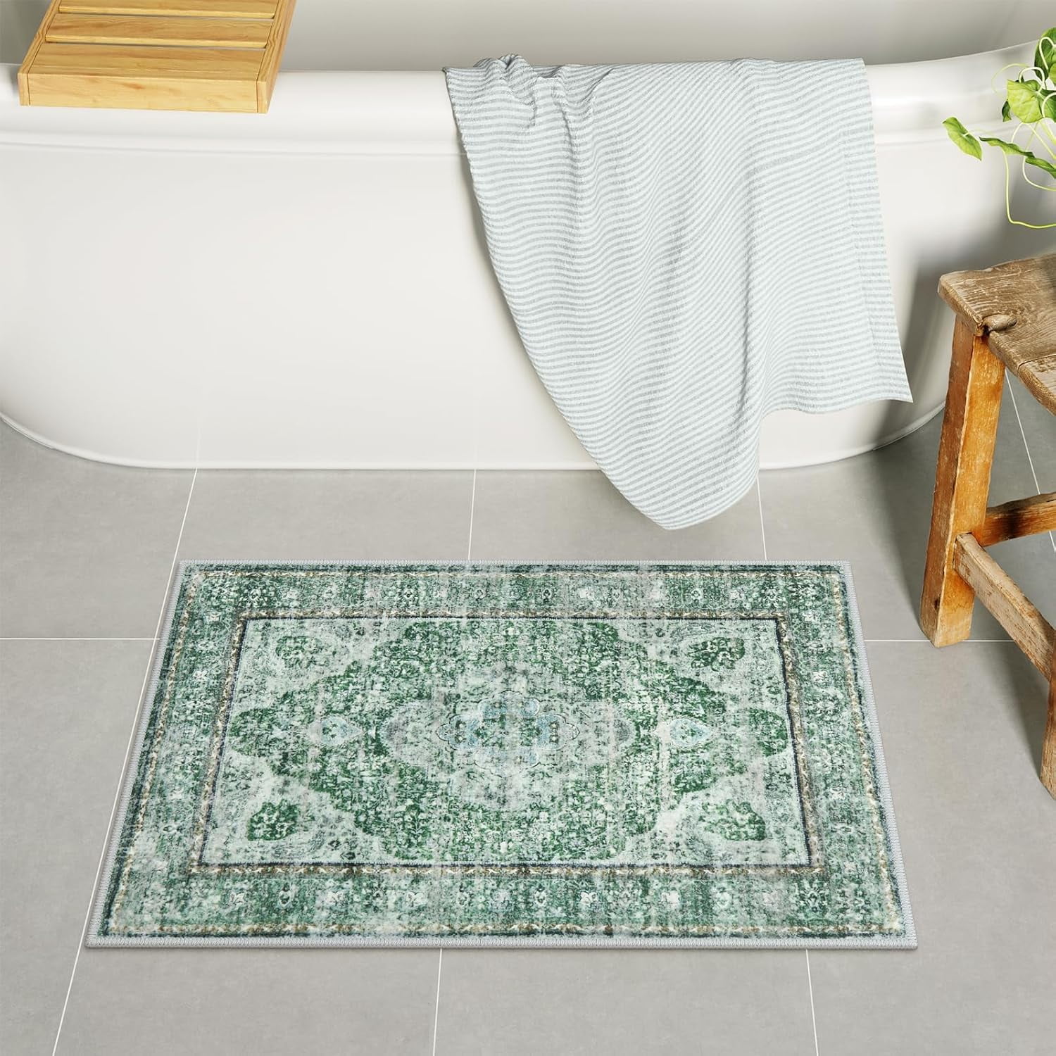 Blue Bathroom Rugs, Distressed Farmhouse Boho Bath Mat, Comfy Velvet ...