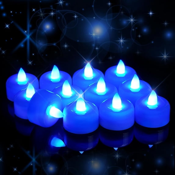 Blue Battery Operated Tea Lights, 24 Pack Long Lasting Fake Candles ...
