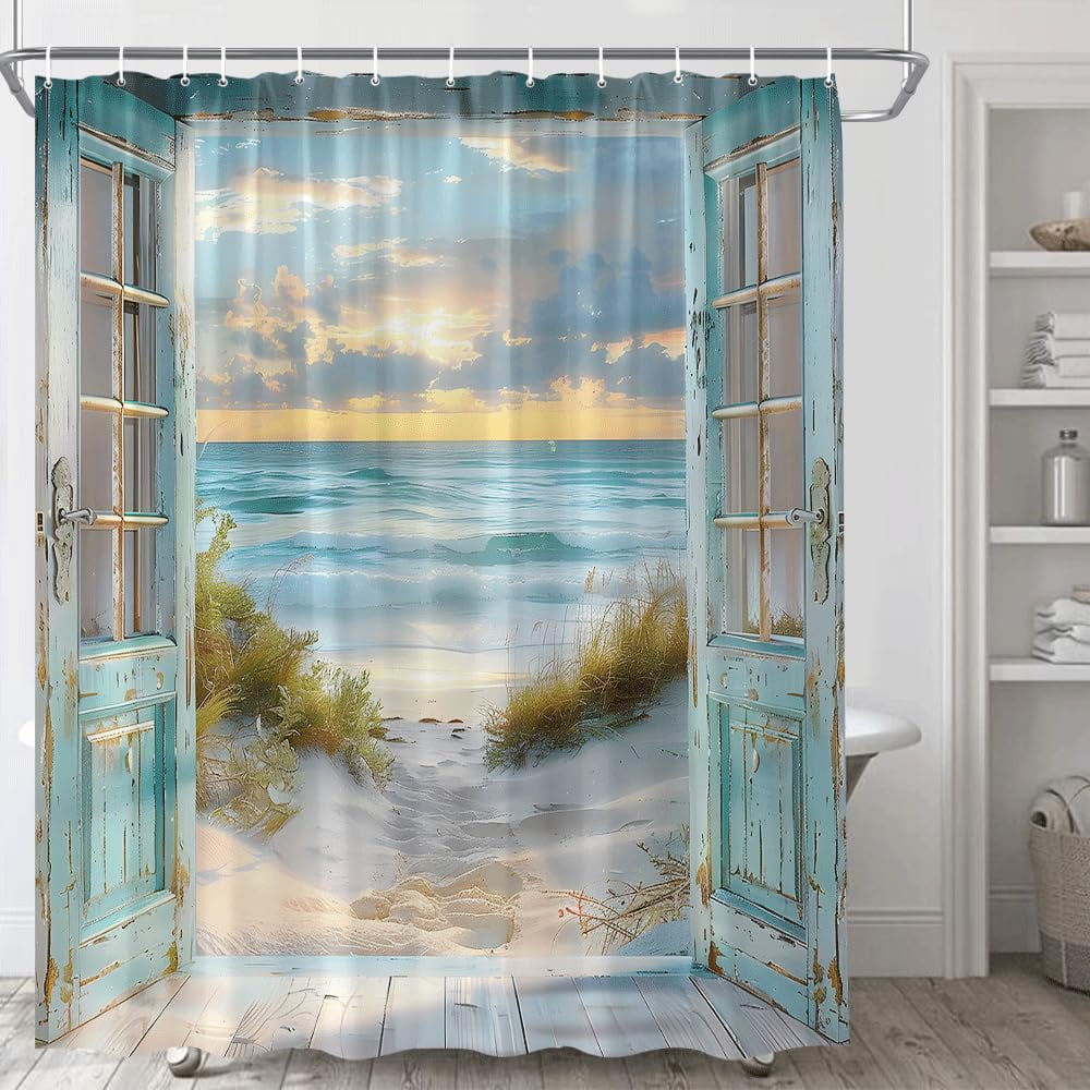 Blue Beach Barn Door Shower Curtain Rustic Wooden Door Seashore ...
