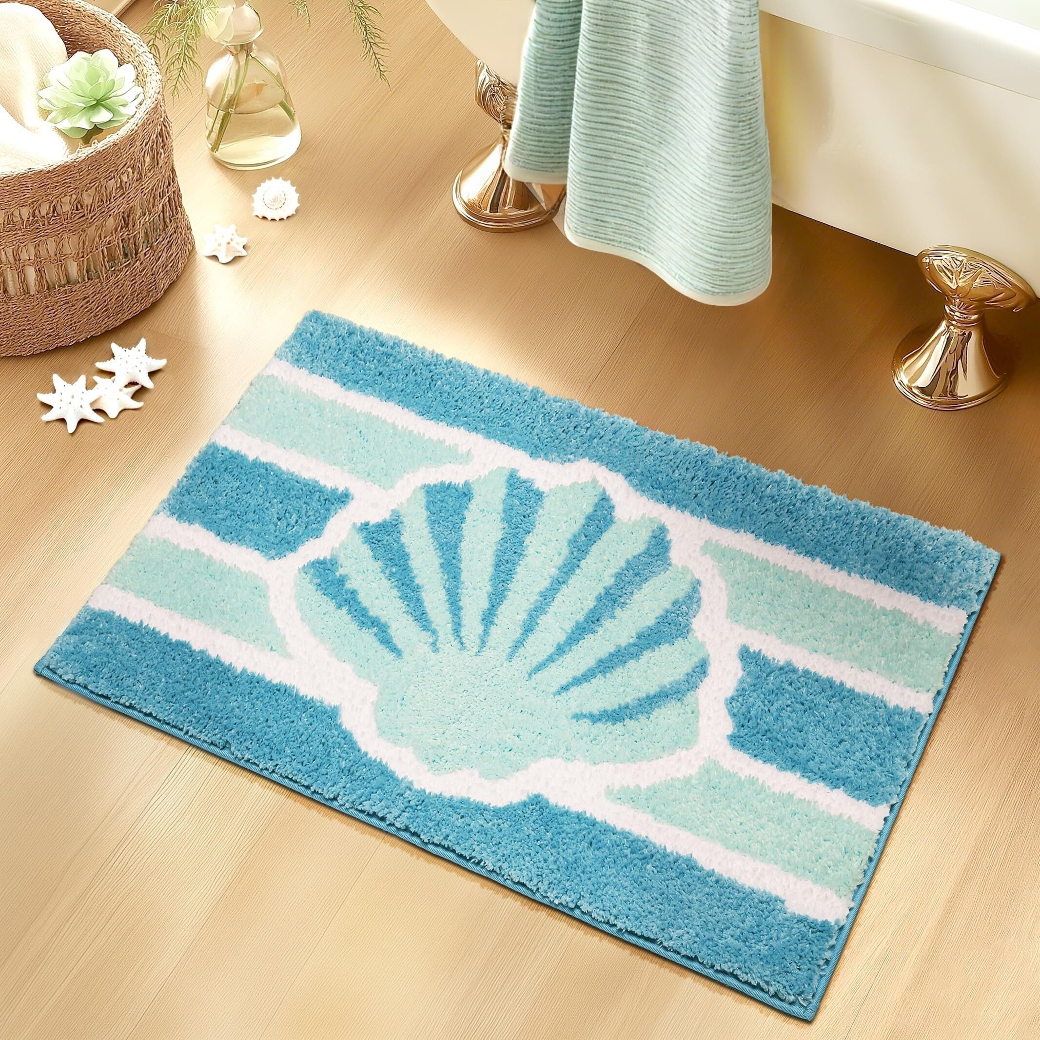 Blue Beach Bathroom Rugs Non Slip Washable Small Cute Coastal Bath Mats ...
