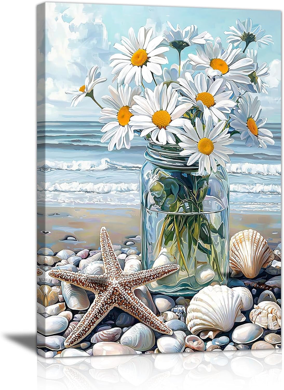 Blue Beach Bunch of Flowers Canvas Wall Art Ocean Stones Theme Wall ...