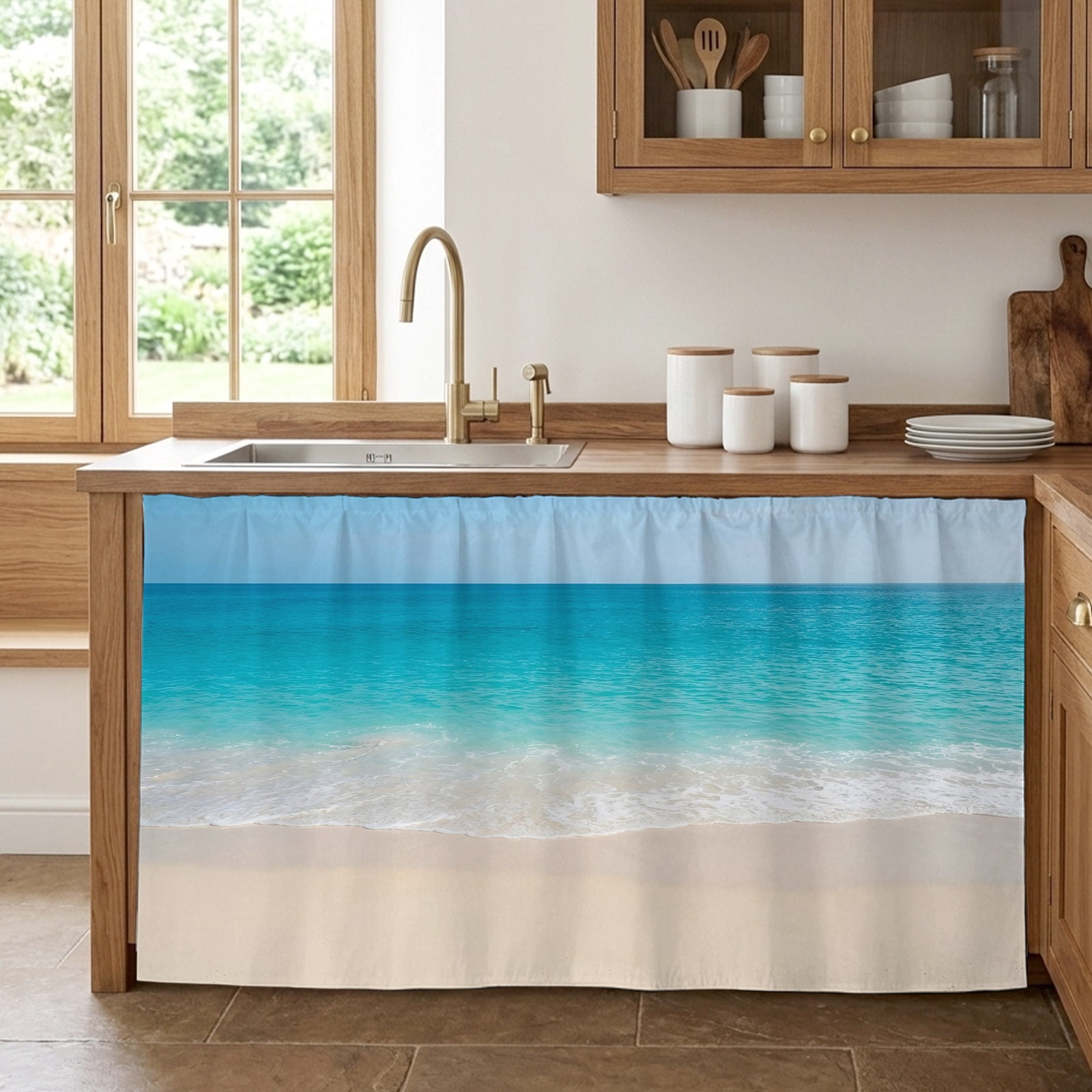 Blue Beach Cabinet Curtains 28" W x 51" L, Coastal Ocean Wave Nautical ...