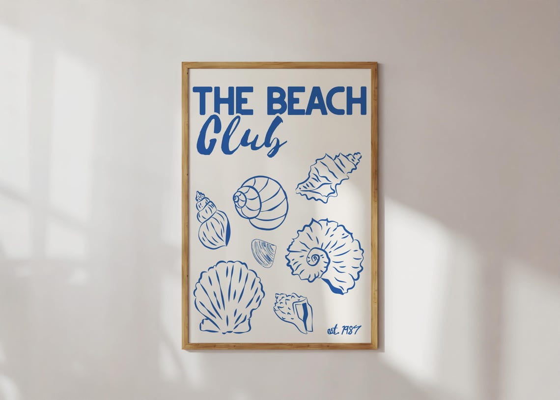 Blue Beach Club Seashell Collage Summer Art Print Coastal Style Trendy ...