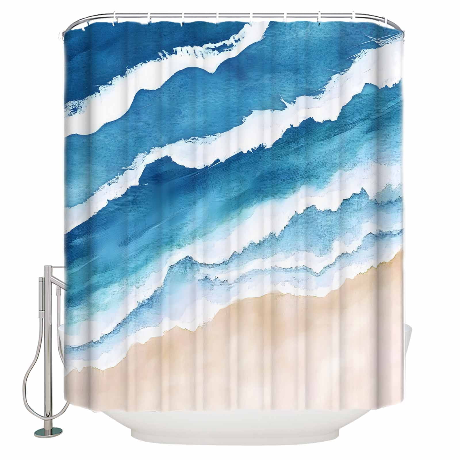 Blue Beach Coastal Bathroom Shower Curtains with 12 Hooks Polyester ...