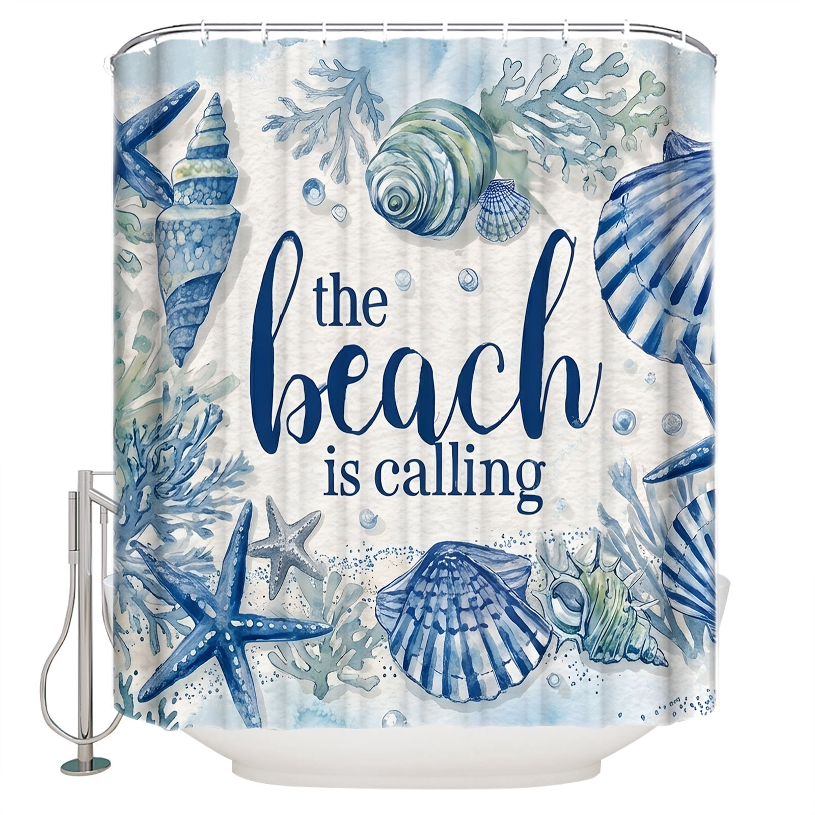 Blue Beach Coastal Bathroom Shower Curtains with 12 Hooks Polyester ...